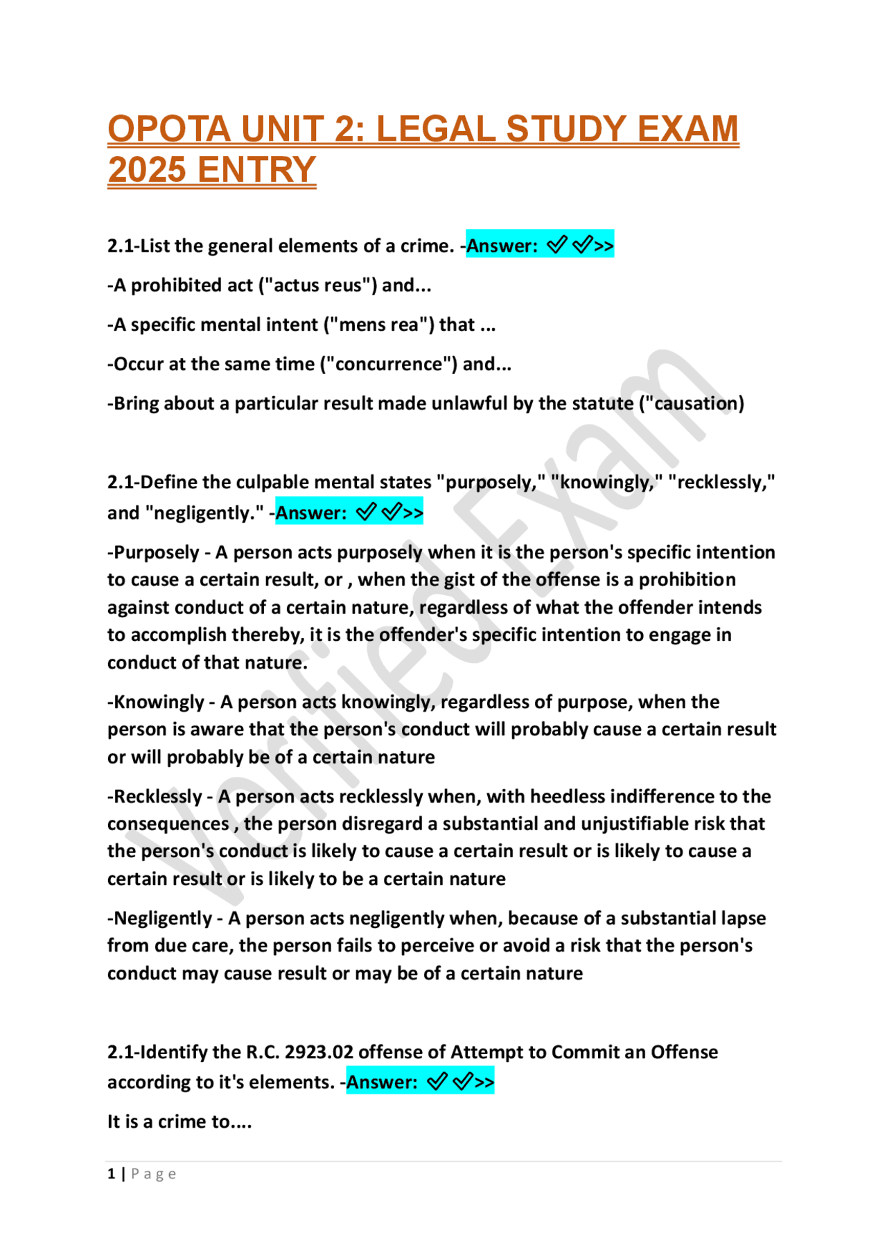 OPOTA UNIT 2: LEGAL STUDY EXAM 2025 ENTRY | Exams Law | Docsity