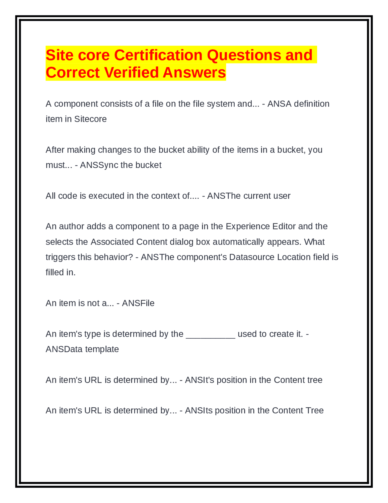 Site core Certification Questions and Correct Verified Answers | Exams ...