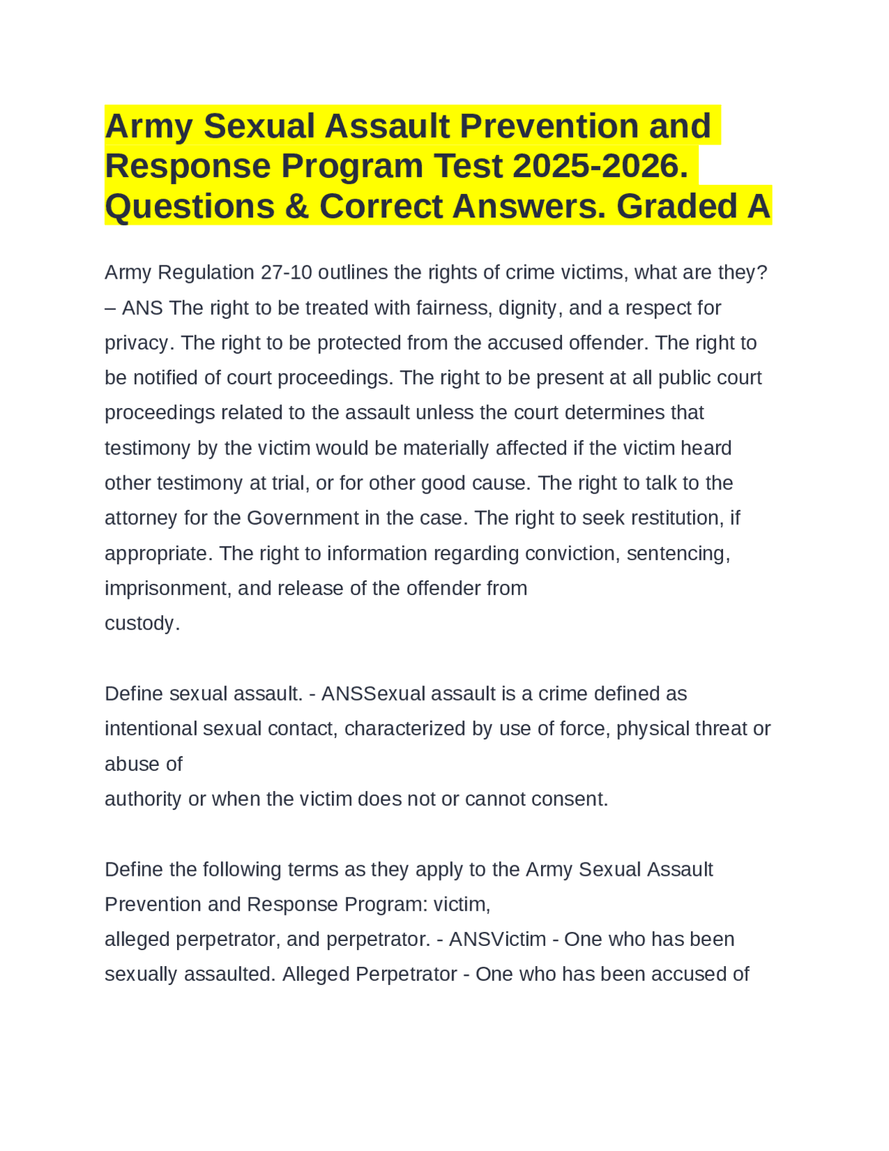 Army Sexual Assault Prevention and Response Program Test 2025-2026 ...