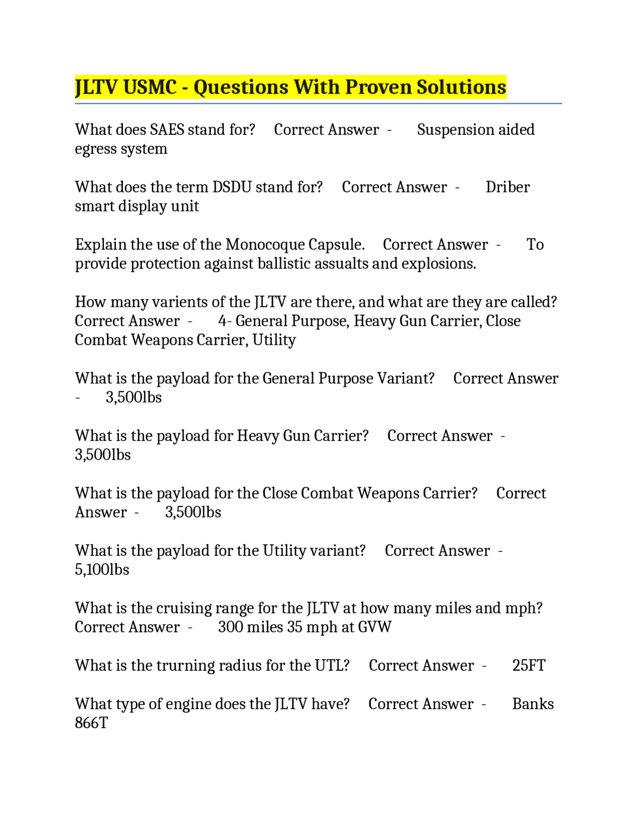 JLTV USMC - Questions With Proven Solutions | Exams Mechanical ...