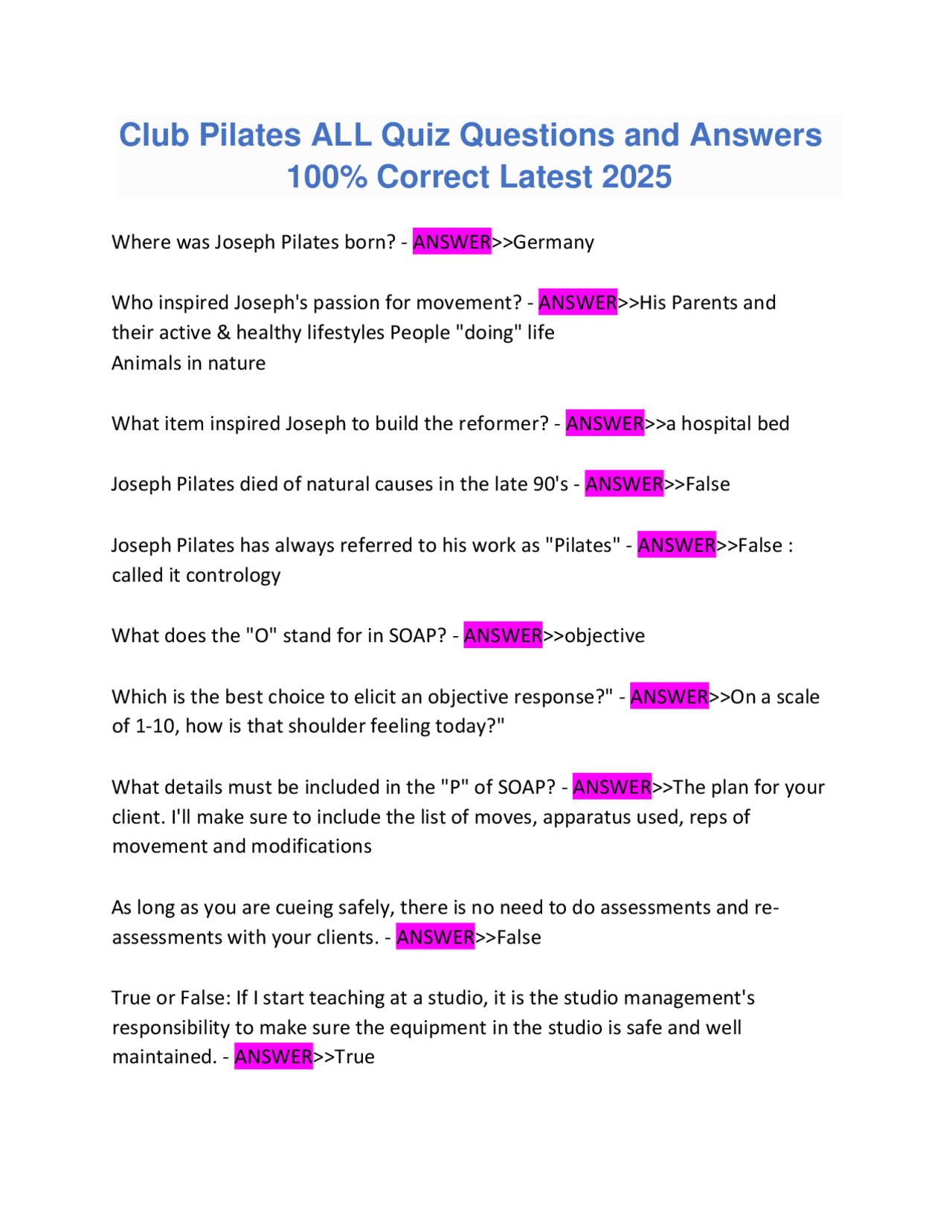 Club Pilates Training: Quiz Questions and Answers 2025 | Exams Nursing ...
