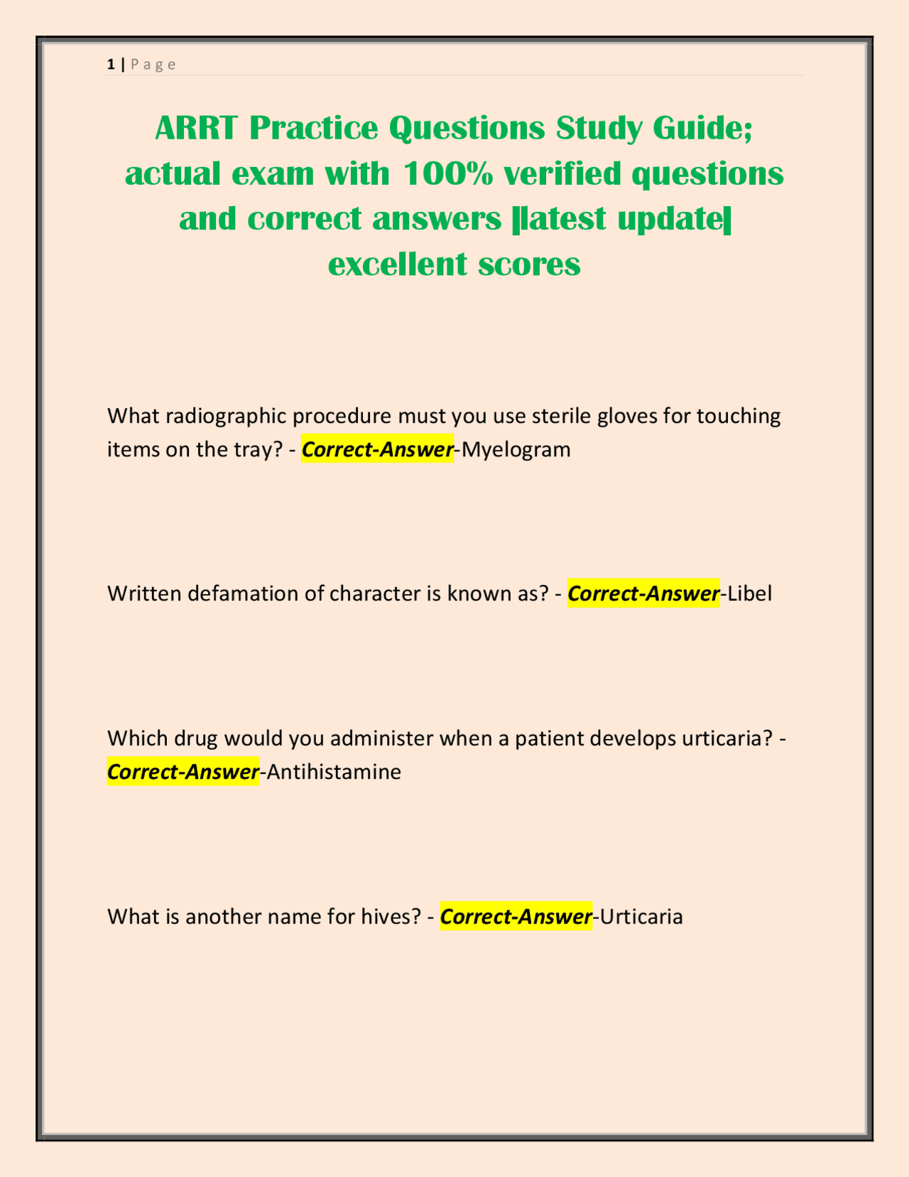 ARRT Practice Questions Study Guide; actual exam with 100% verified ...