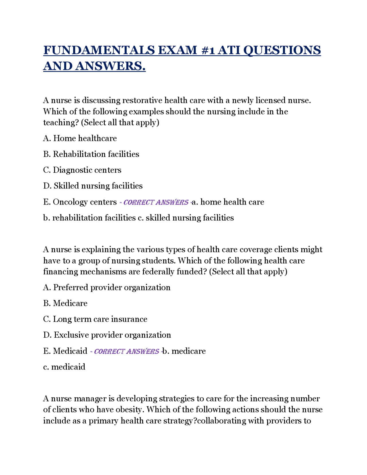 FUNDAMENTALS EXAM #1 ATI QUESTIONS AND ANSWERS. | Exams Nursing | Docsity