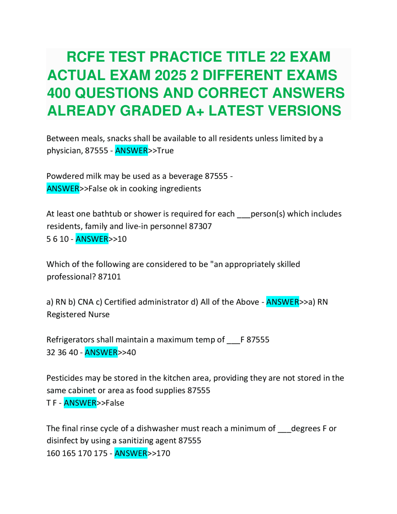 RCFE TEST PRACTICE TITLE 22 EXAM ACTUAL EXAM 2025 2 DIFFERENT EXAMS 400 ...