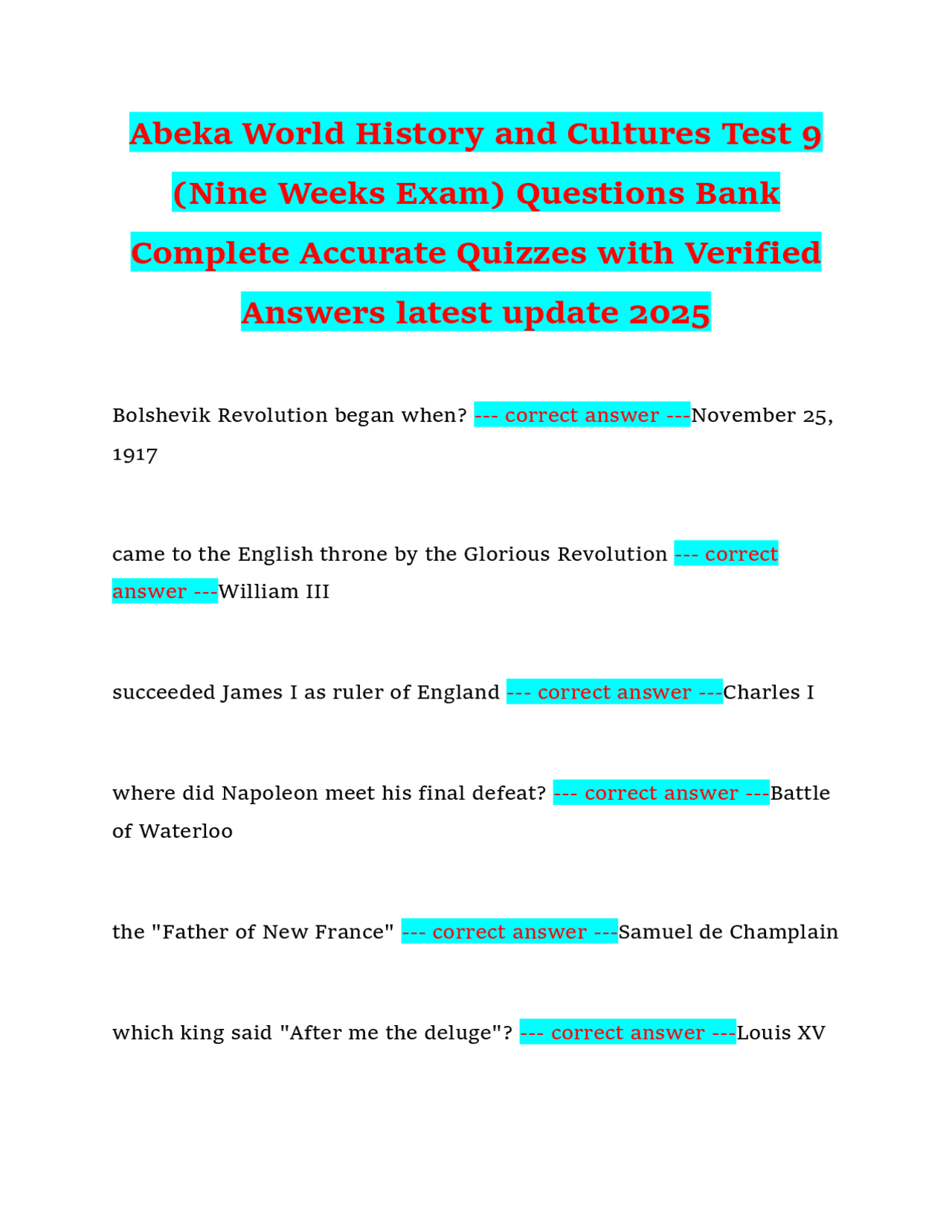 Abeka World History and Cultures Test 9 (Nine Weeks Exam) Questions ...