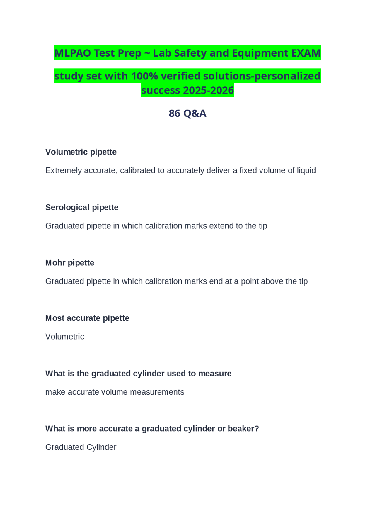 MLPAO Test Prep ~ Lab Safety and Equipment EXAM study set with 100% ...