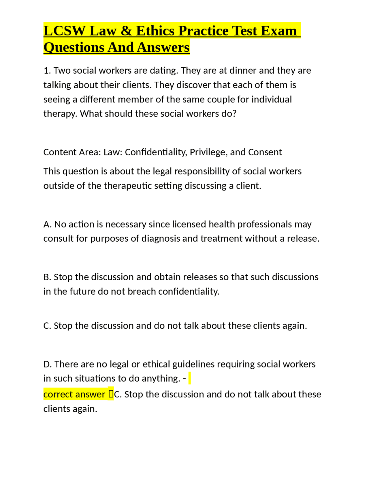 LCSW Law & Ethics Practice Exam: Questions and Answers | Exams ...