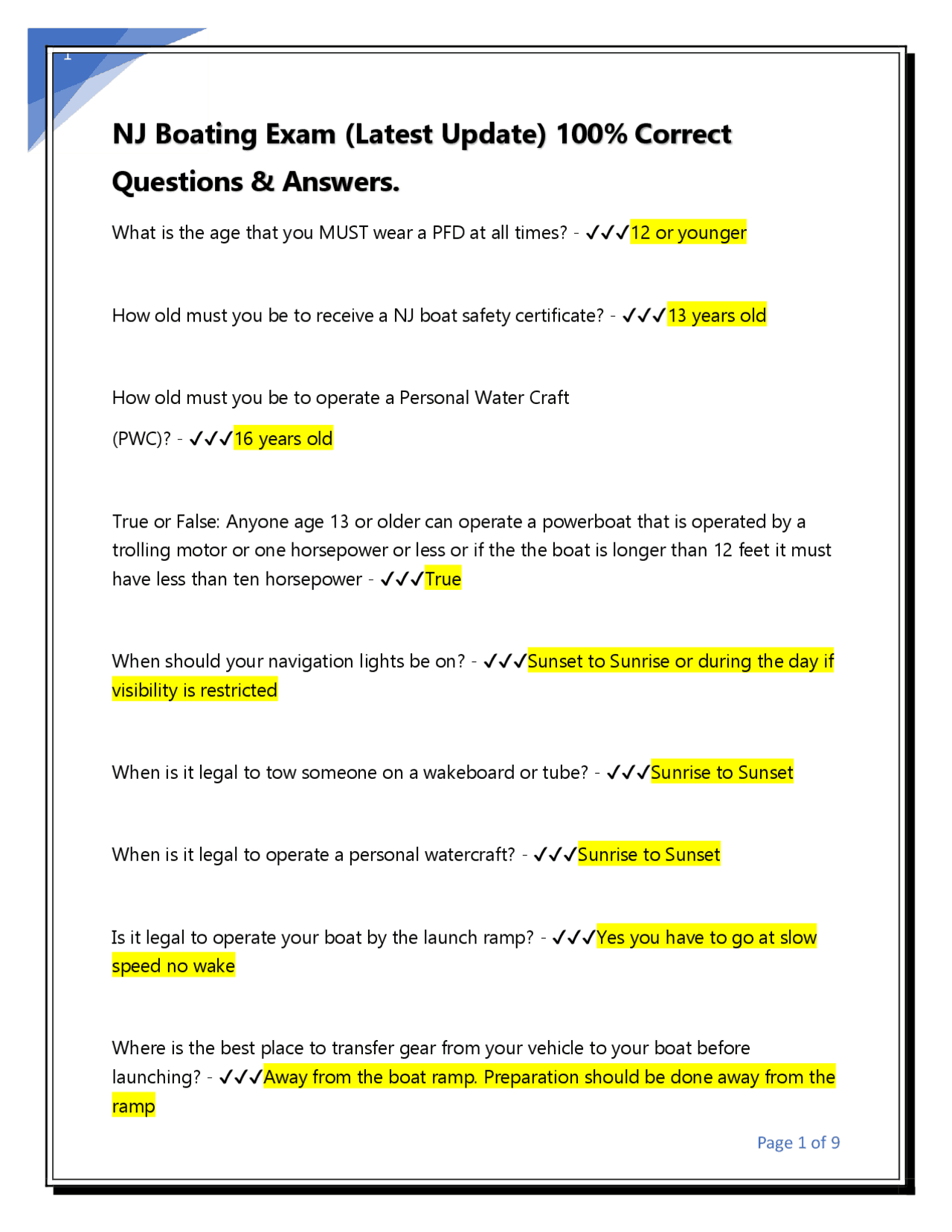 NJ Boating Exam (Latest Update) 100% Correct Questions & Answers ...