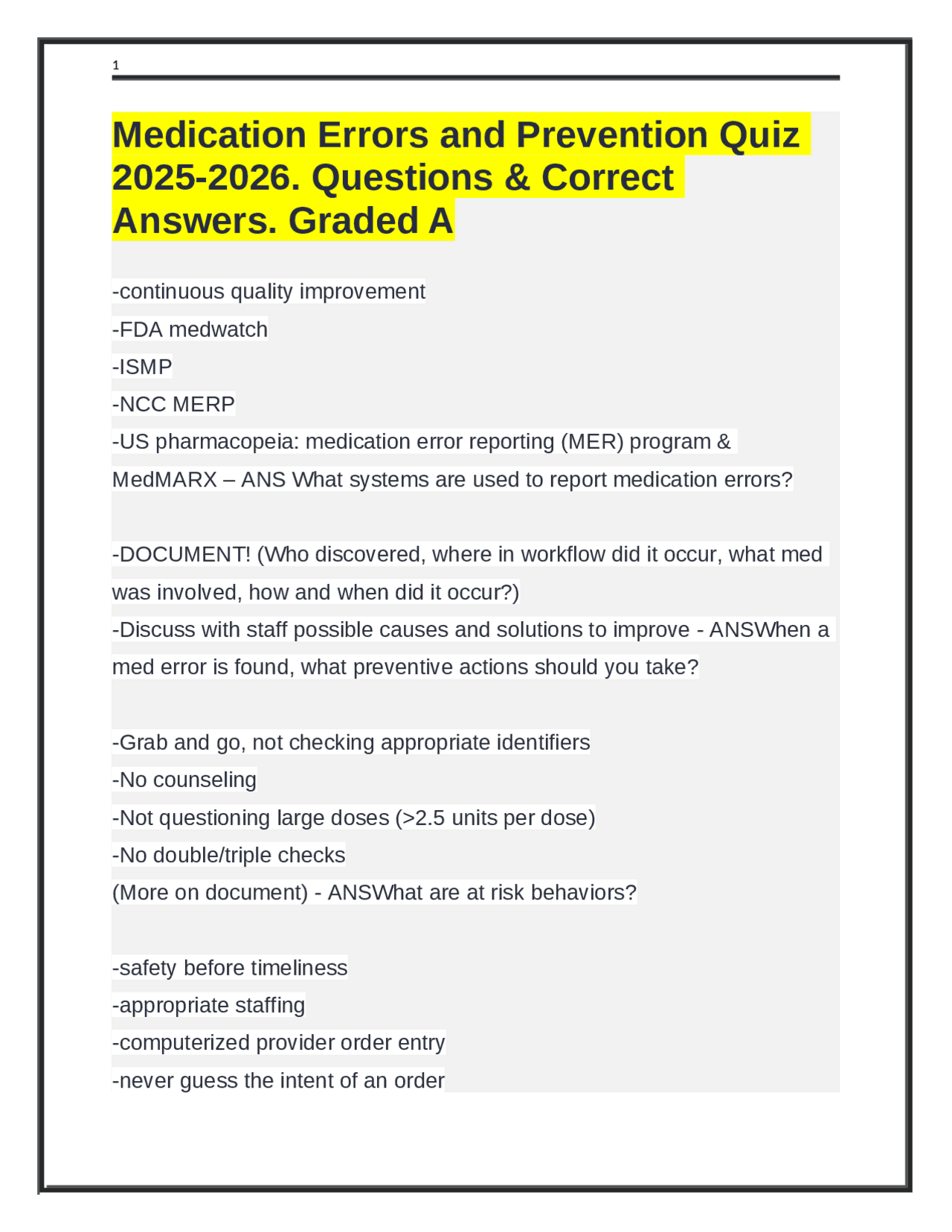 Medication Errors and Prevention Quiz 2025-2026. Questions & Correct Answers. Graded A | Exams ...