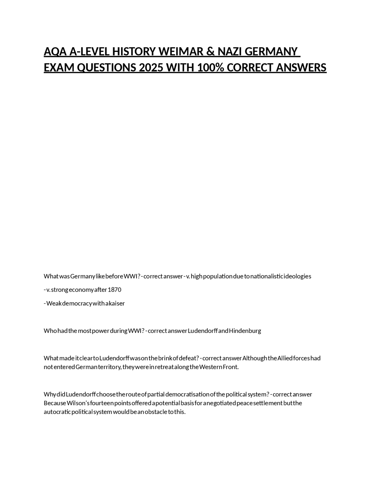 AQA A-LEVEL HISTORY WEIMAR & NAZI GERMANY EXAM QUESTIONS 2025 WITH 100% ...