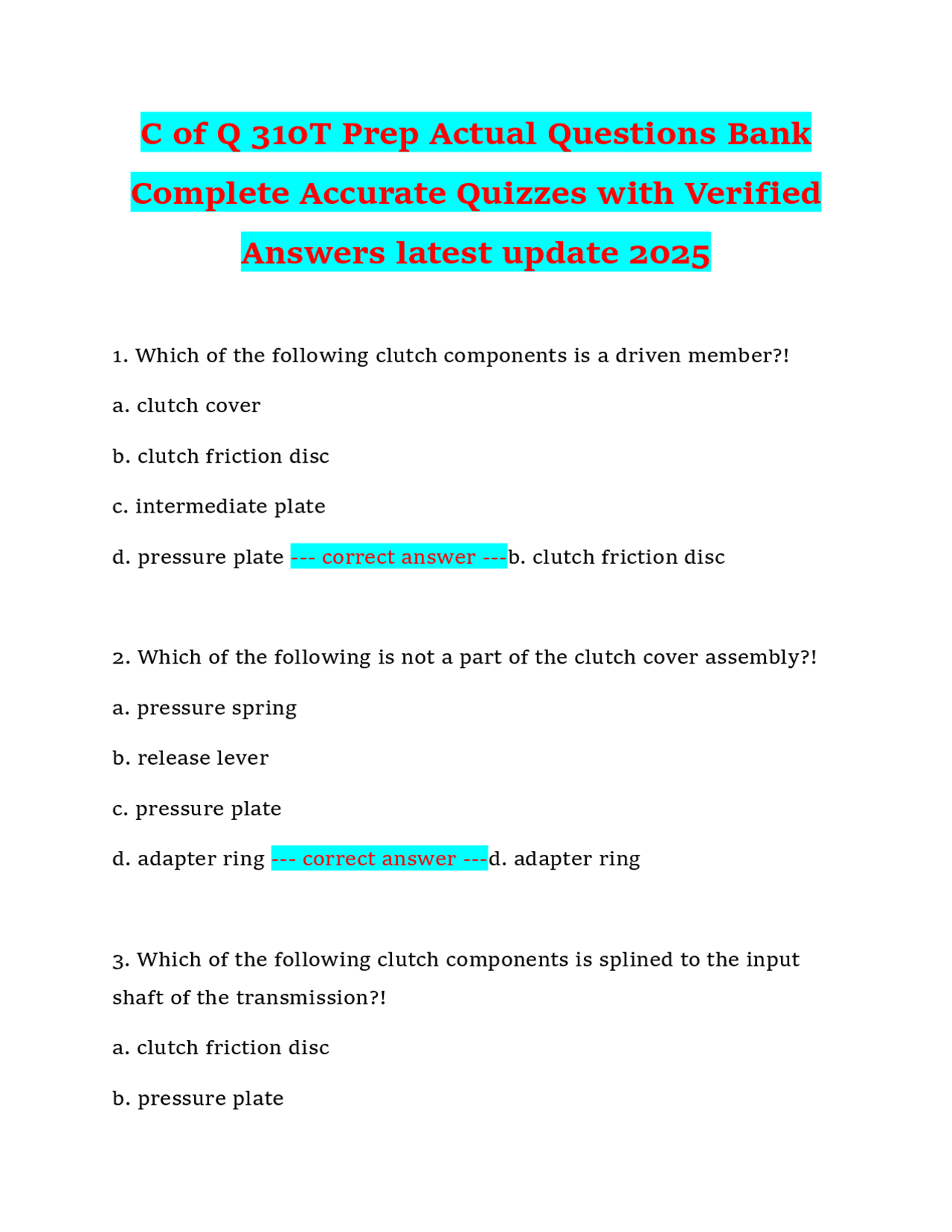 C of Q 310T Prep Actual Questions Bank Complete Accurate Quizzes with ...