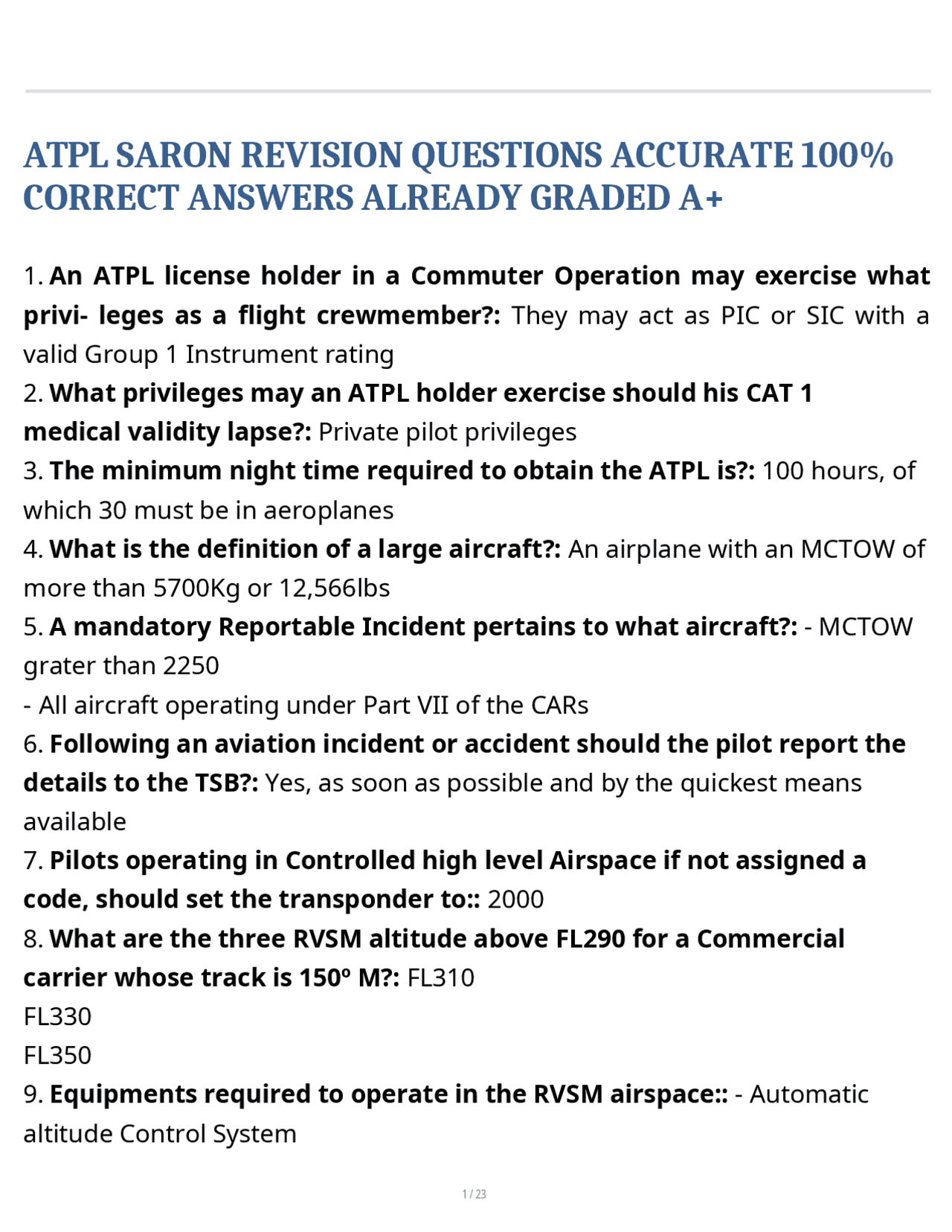 ATPL SARON REVISION QUESTIONS ACCURATE 100% CORRECT ANSWERS ALREADY ...
