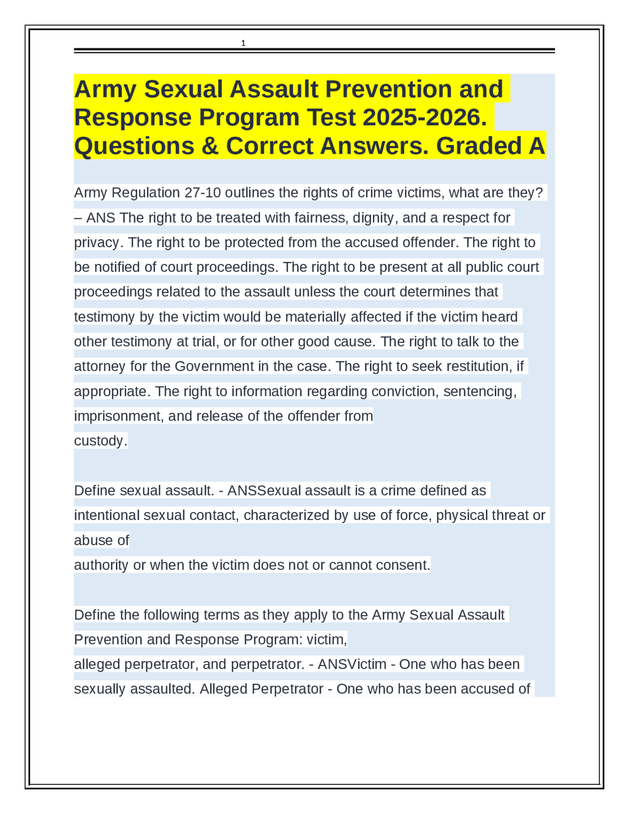 Army Sexual Assault Prevention and Response Program Test 2025-2026 ...