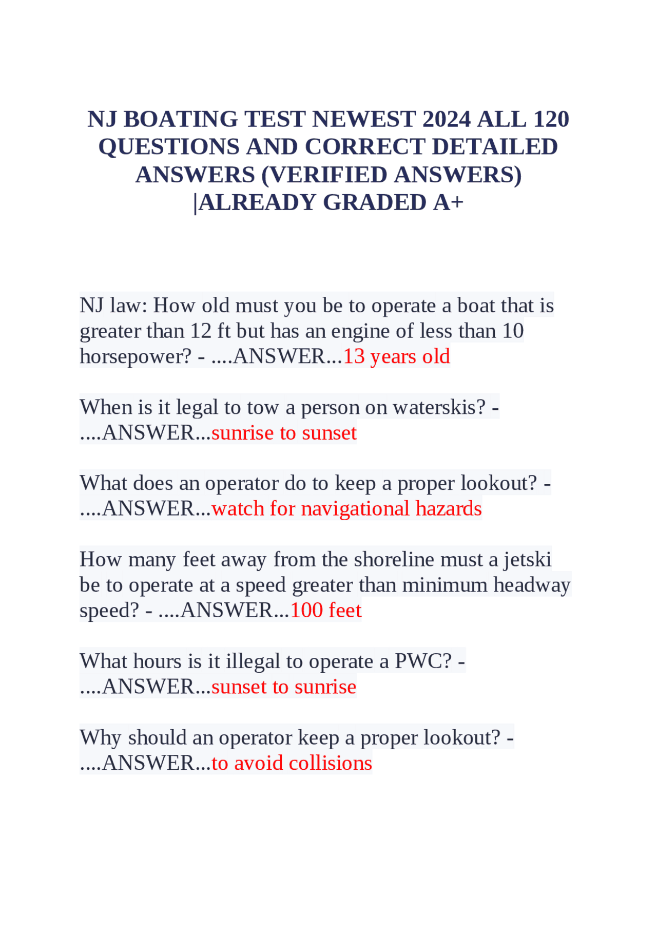 NJ BOATING TEST EXAM.docx | Exams Nursing | Docsity