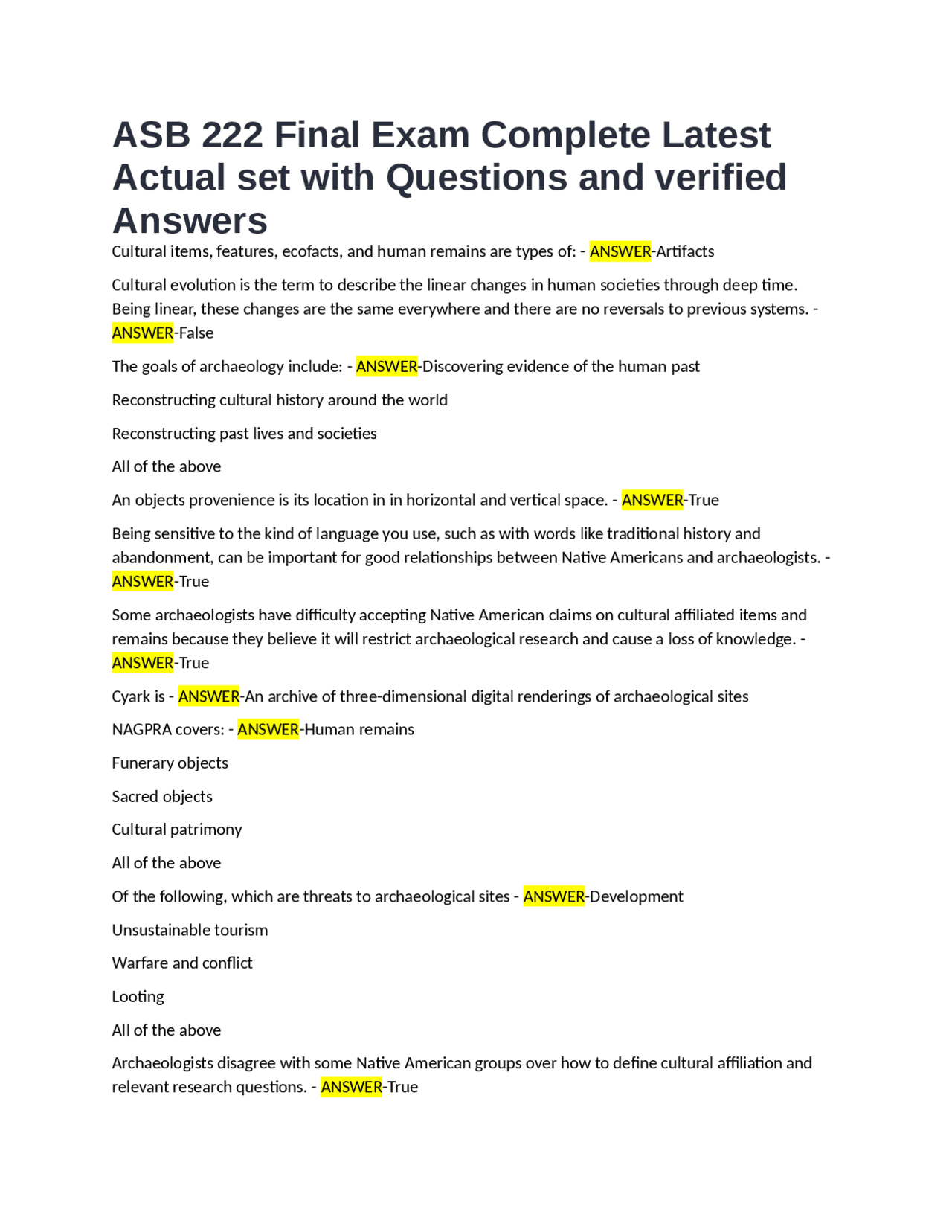 Archaeology Final Exam: Questions and Answers on Cultural Heritage ...
