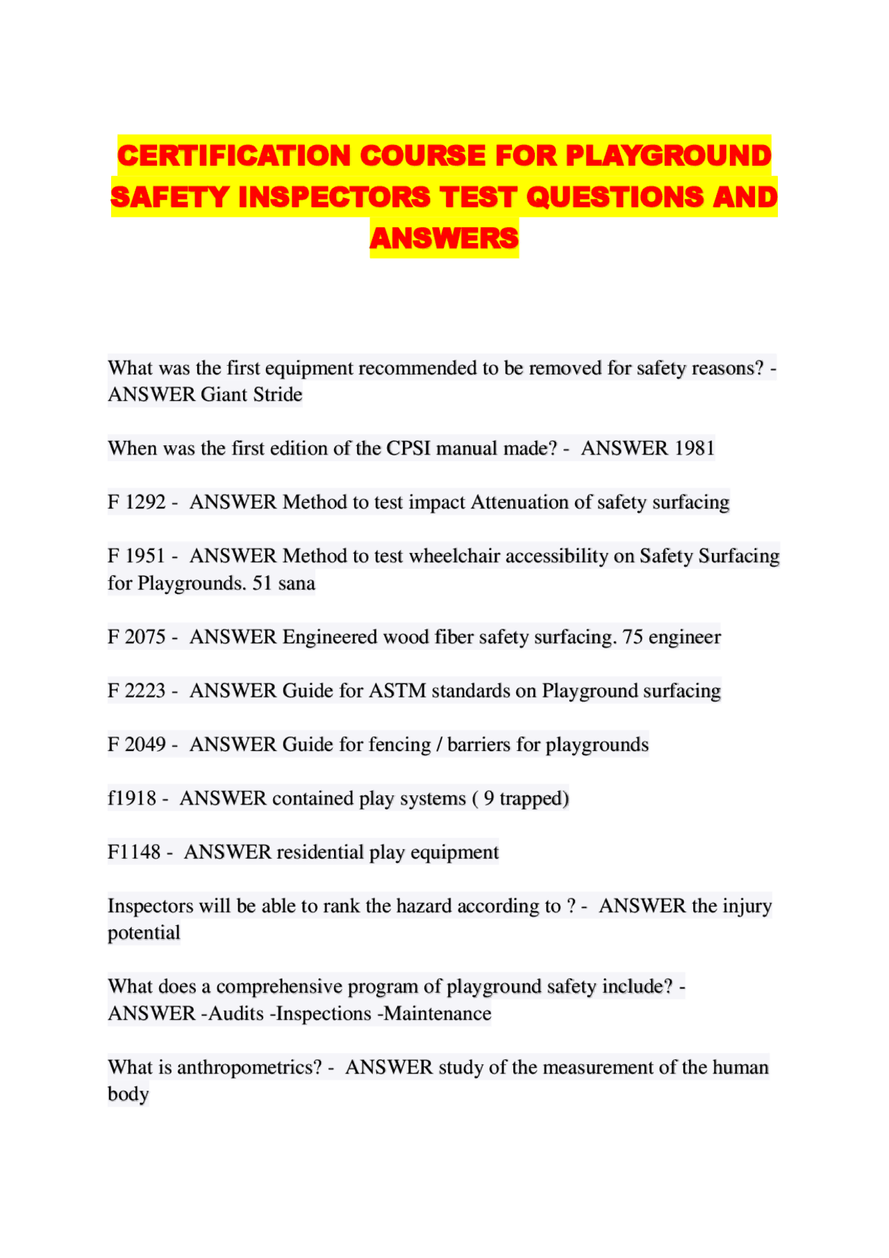 Playground Safety Inspector Certification: Test Questions and Answers ...