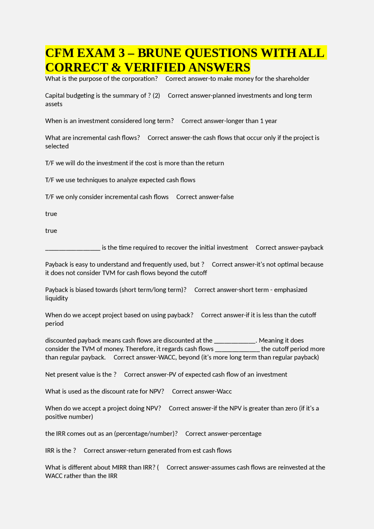 CFM EXAM 3 – BRUNE QUESTIONS WITH ALL CORRECT & VERIFIED ANSWERS ...