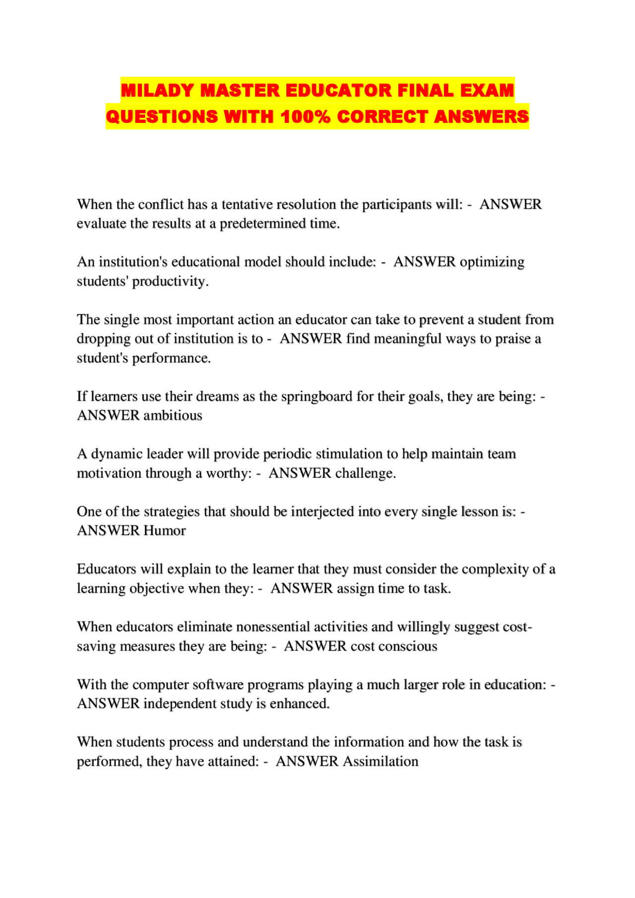 MILADY MASTER EDUCATOR FINAL EXAM QUESTIONS WITH 100% CORRECT ANSWERS ...