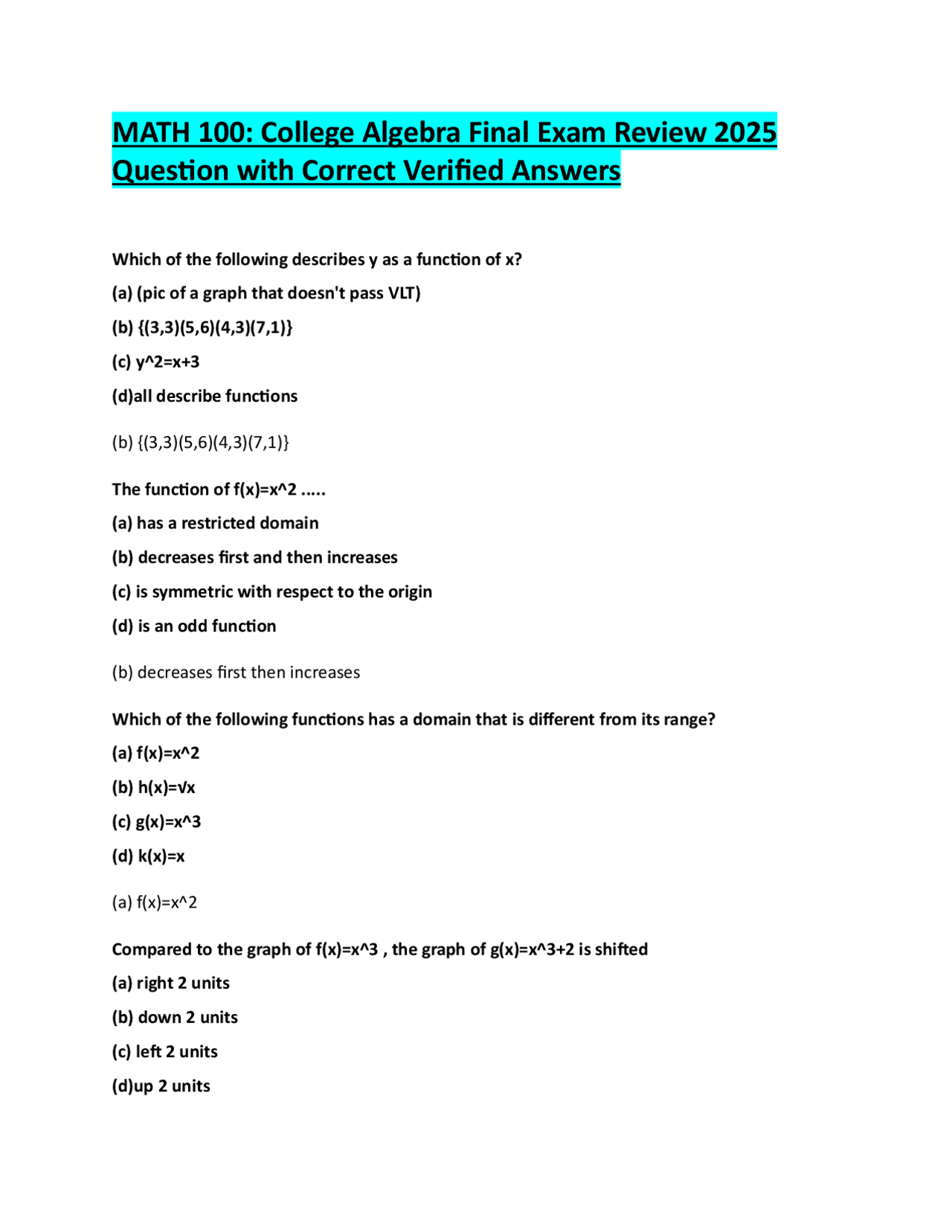 MATH 100: College Algebra Final Exam Review 2025 Question with Correct ...