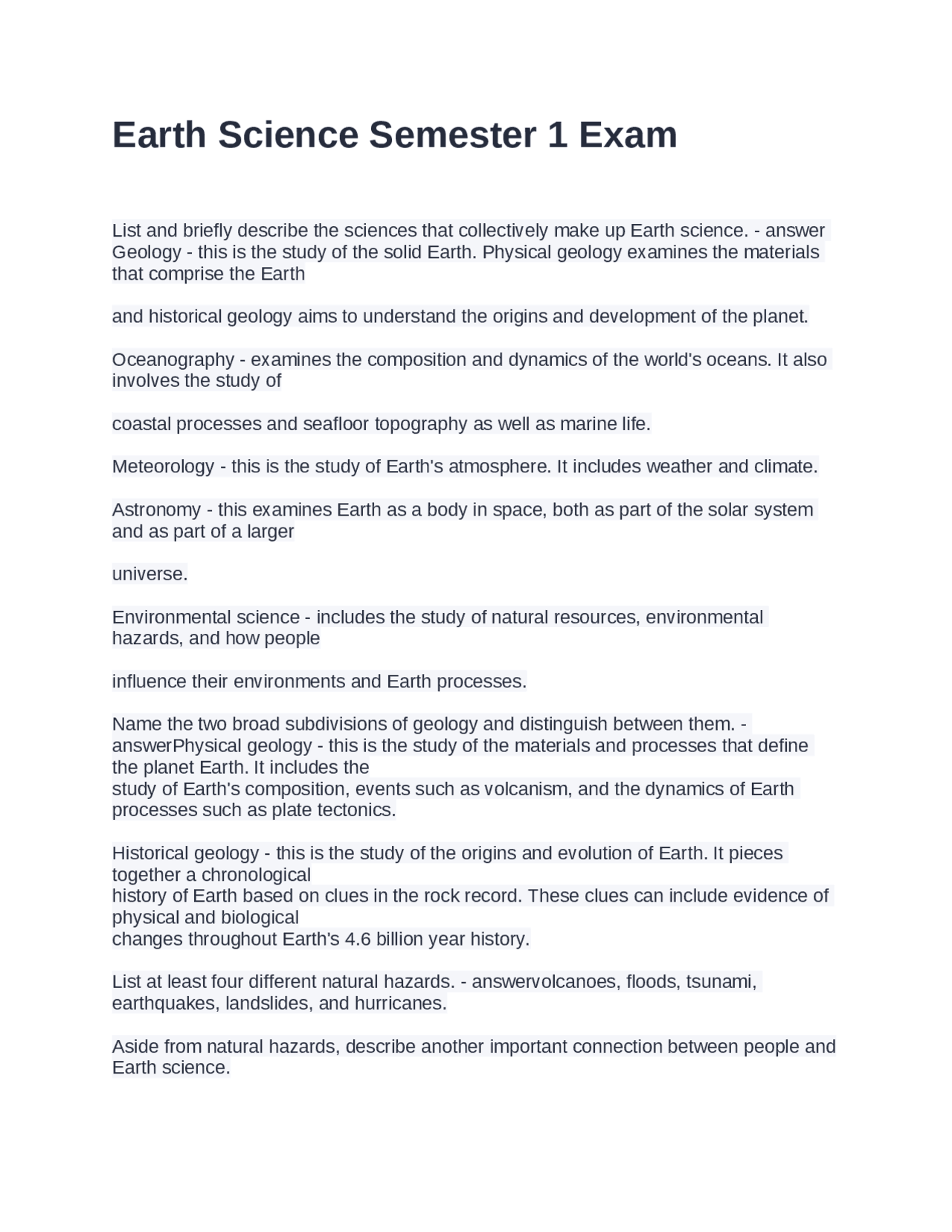 Earth Science Semester 1 Exam Questions and Answers 100% Correct ...