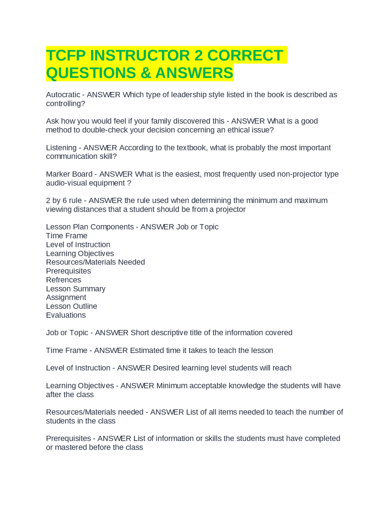 TCFP INSTRUCTOR 2 CORRECT QUESTIONS & ANSWERS | Exams Safety and Fire Engineering | Docsity