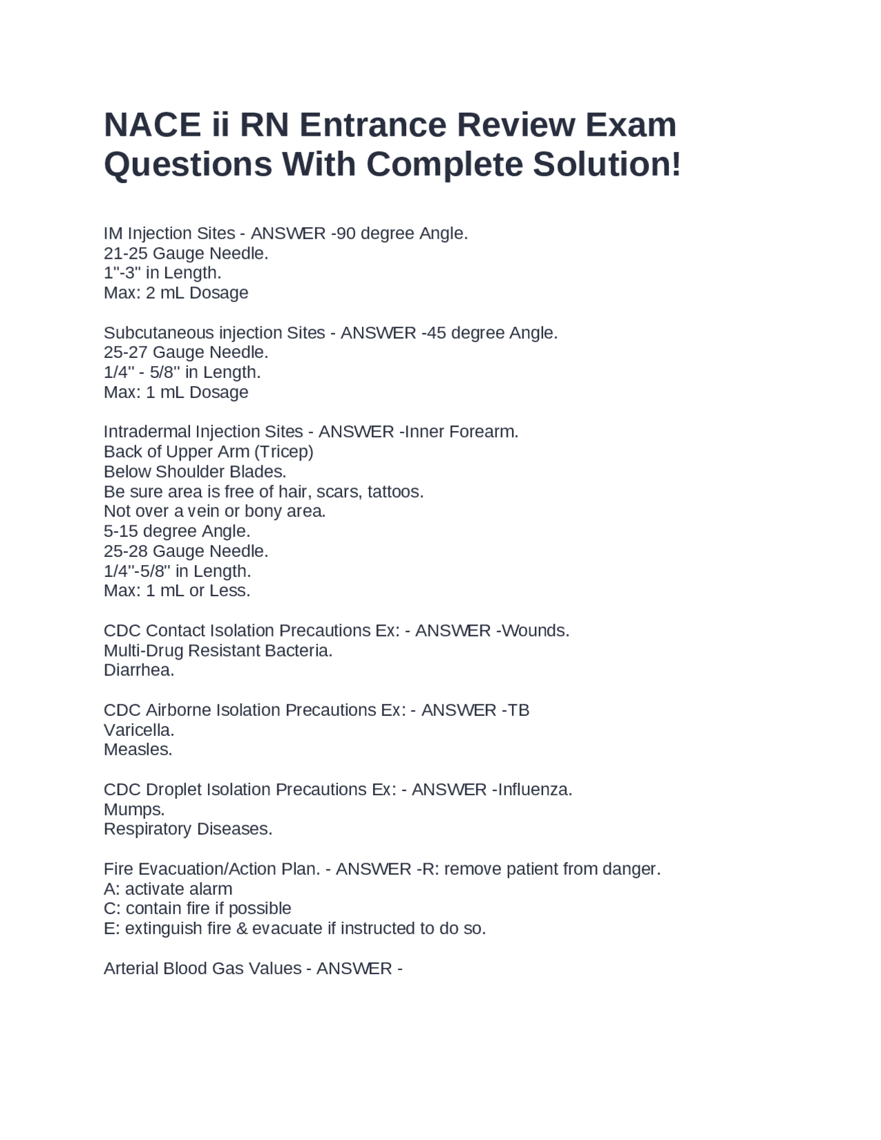 NACE ii RN Entrance Review Exam Questions With Complete Solution ...