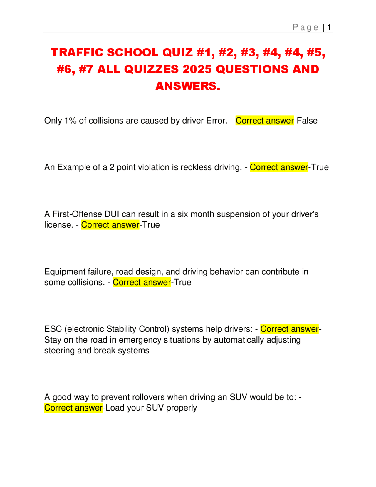 TRAFFIC SCHOOL QUIZ #1, #2, #3, #4, #4, #5, #6, #7 ALL QUIZZES 2025 ...