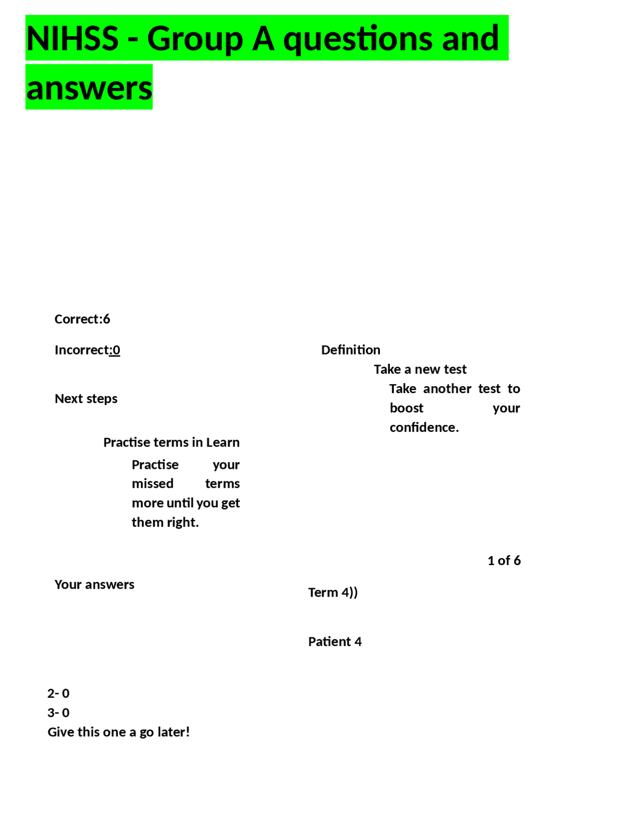 NIHSS - Group A questions and answers. | Exams Biology | Docsity
