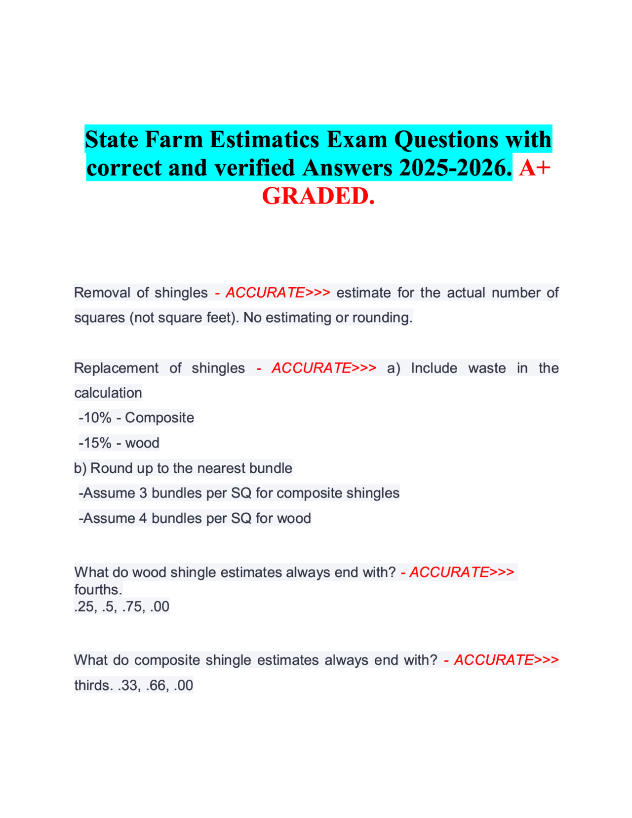 State Farm Estimatics Exam Questions with correct and verified Answers ...