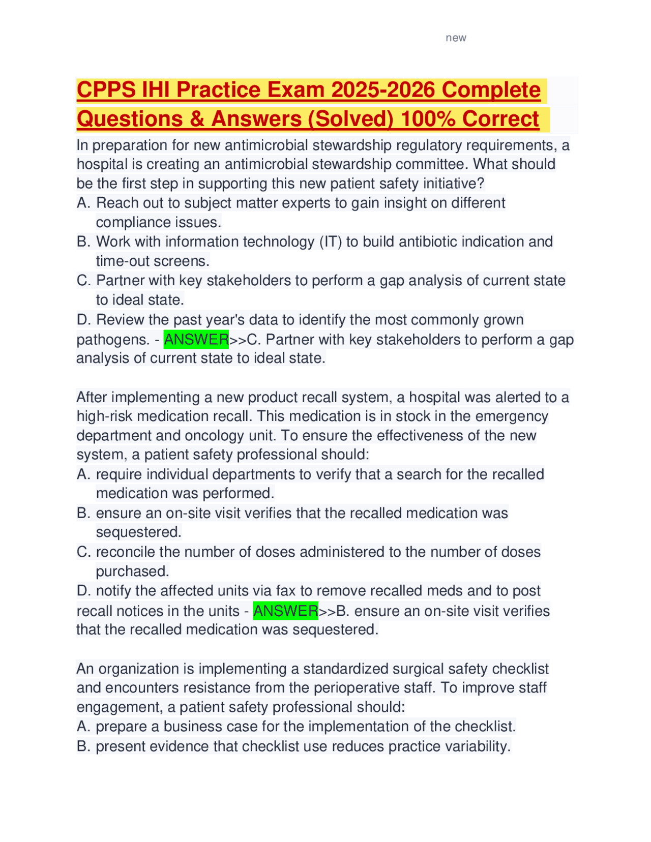 CPPS IHI Practice Exam 2025-2026 Complete Questions & Answers (Solved ...
