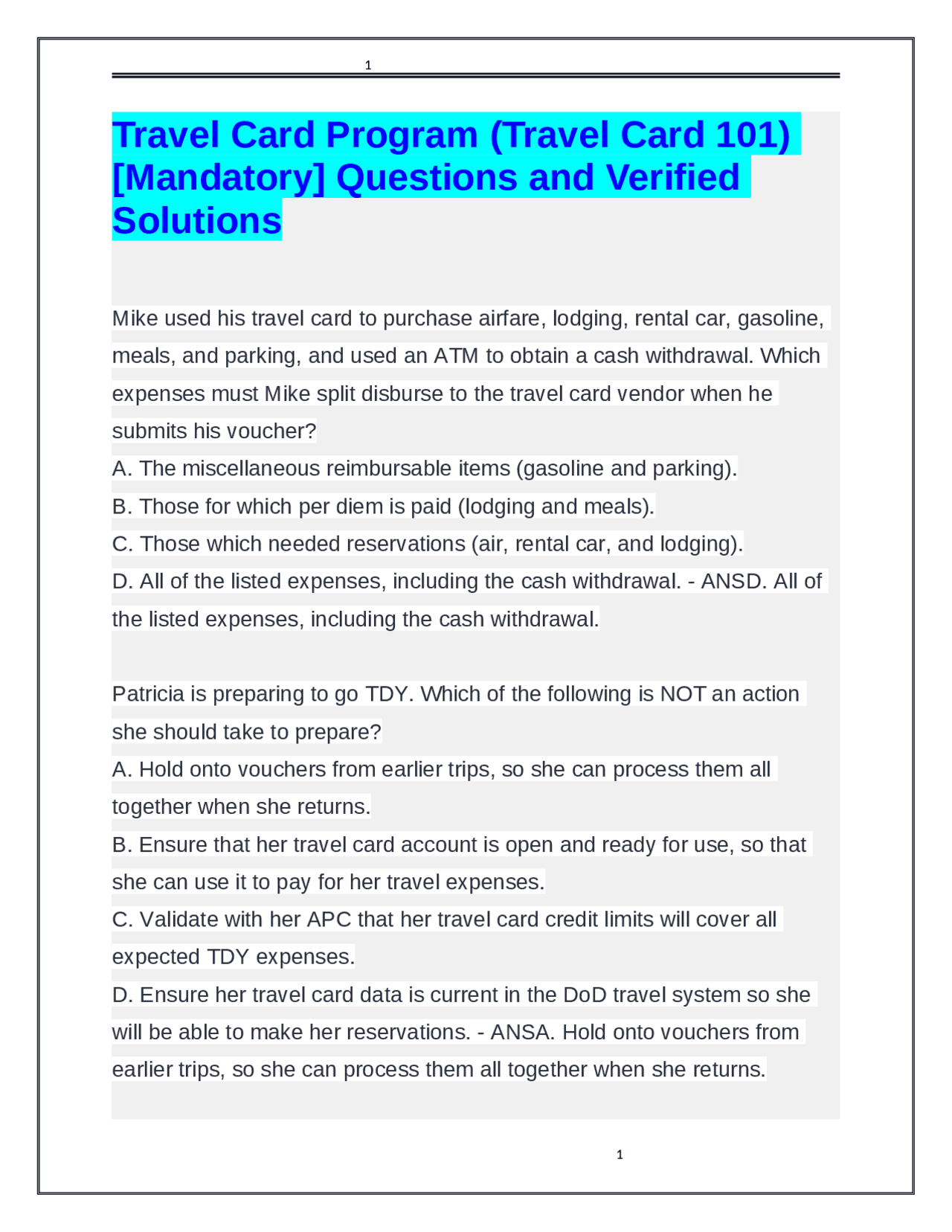 Travel Card Program (Travel Card 101) [Mandatory] Questions and Verified Solutions | Exams ...