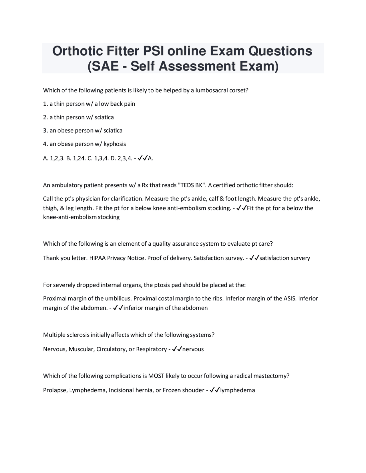 Orthotic Fitter PSI online Exam Questions (SAE - Self Assessment Exam ...