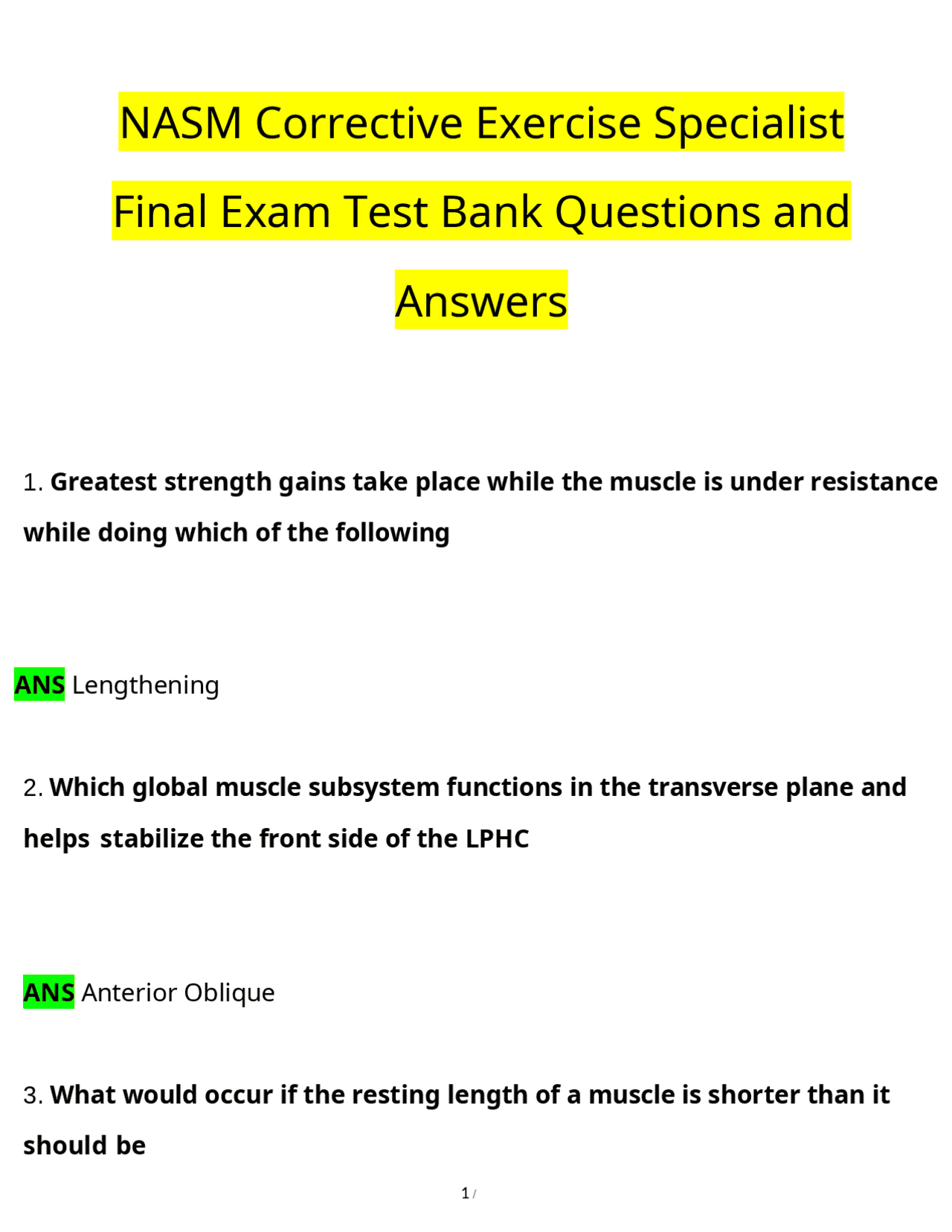 NASM Corrective Exercise Specialist Exam: Test Bank Q&A | Exams Nursing ...