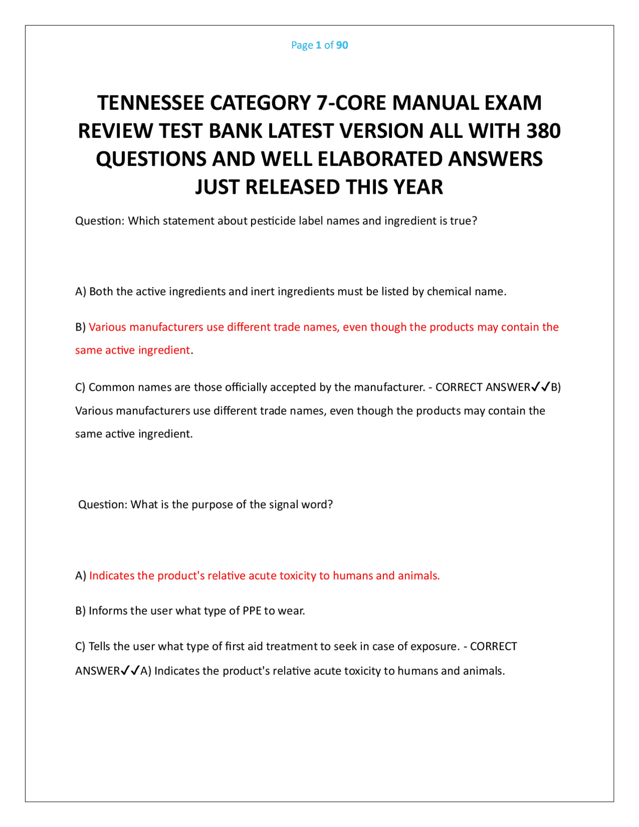 TENNESSEE CATEGORY 7-CORE MANUAL EXAM REVIEW TEST BANK LATEST VERSION ...
