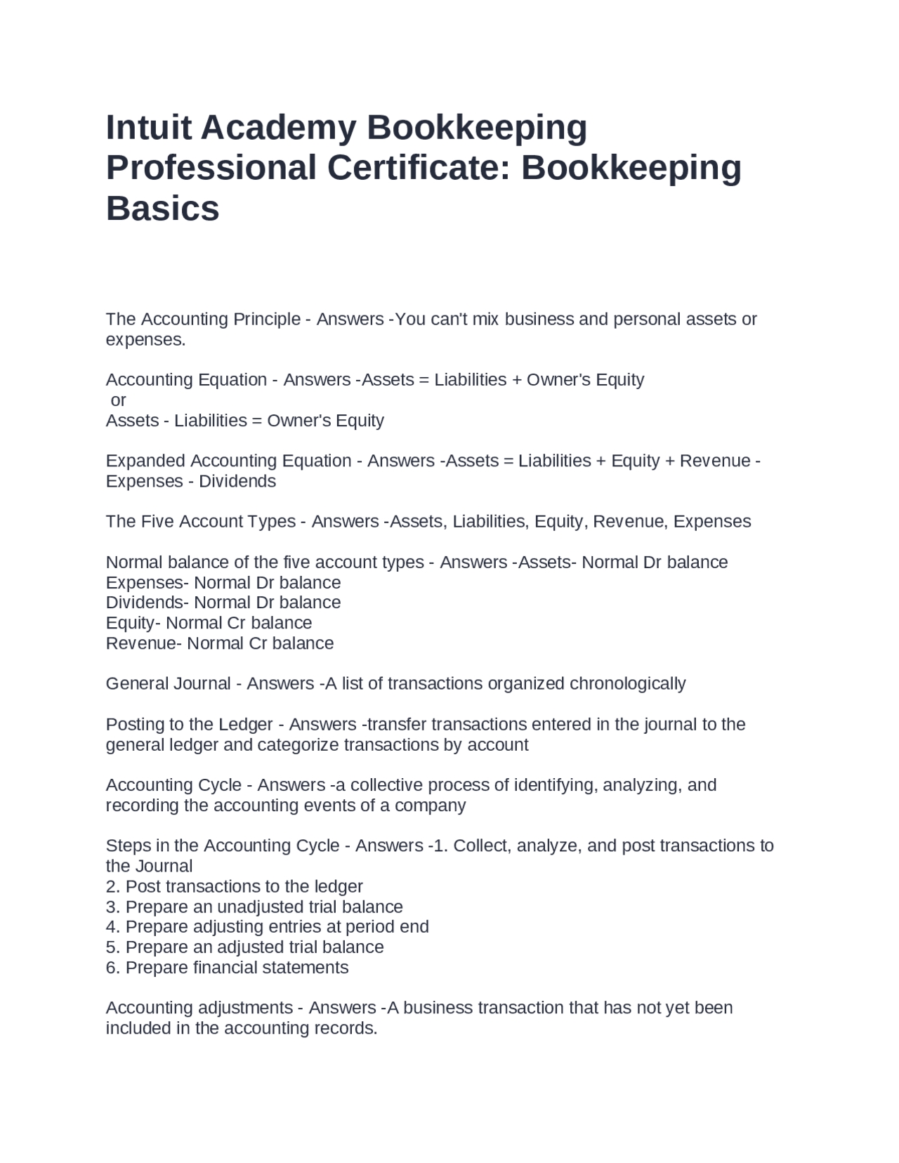 Intuit Academy Bookkeeping Professional Certificate Exam With Questions ...