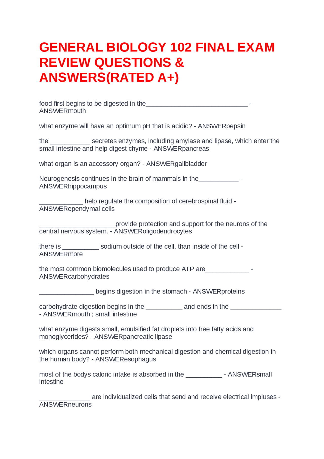 GENERAL BIOLOGY 102 FINAL EXAM REVIEW QUESTIONS & ANSWERS(RATED A+ ...