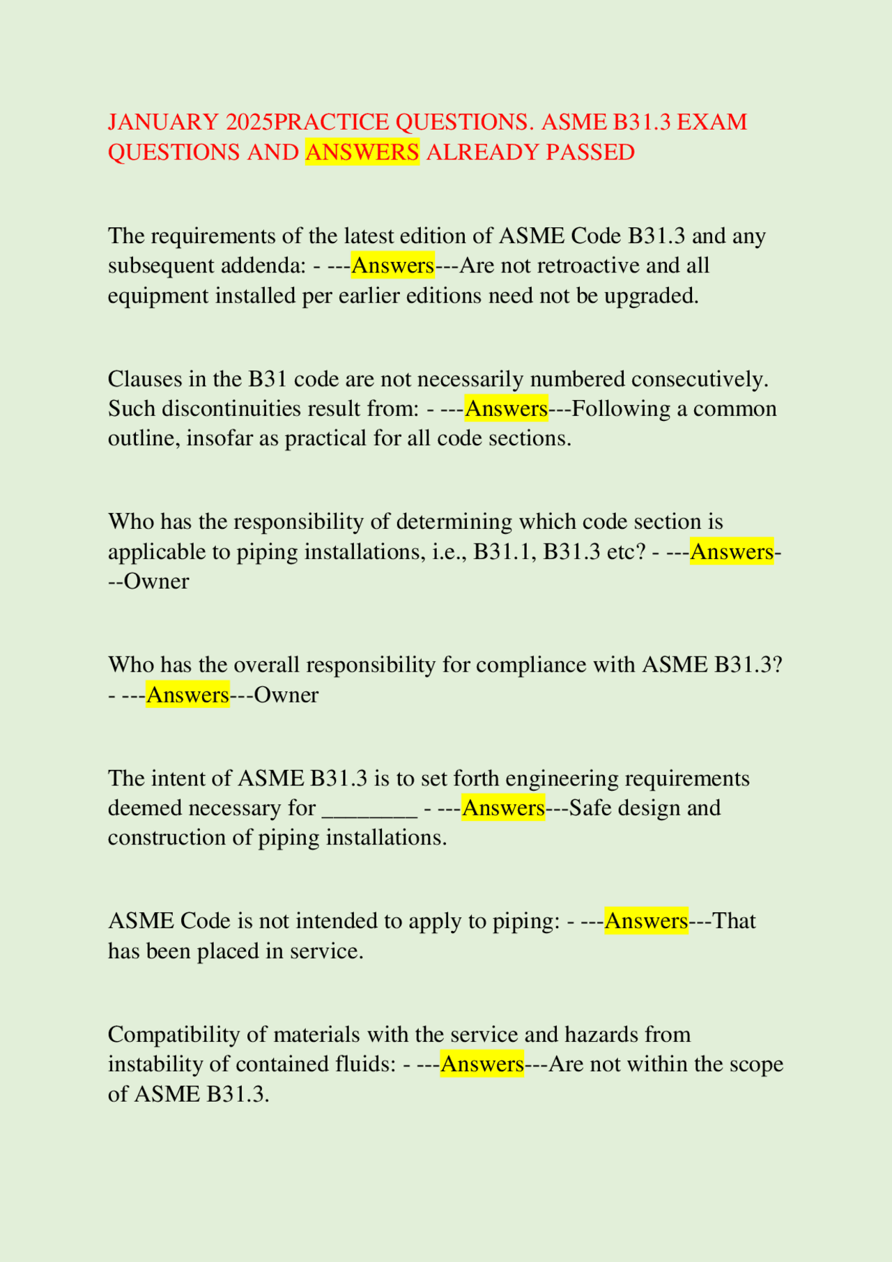 JANUARY 2025PRACTICE QUESTIONS. ASME B31.3 EXAM QUESTIONS AND ANSWERS ...