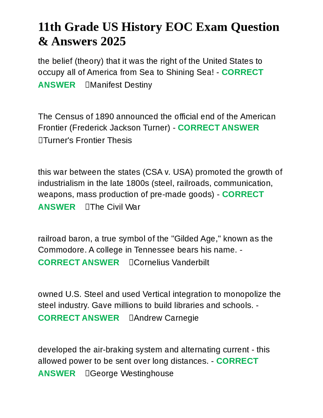 11th Grade US History EOC Exam Question & Answers 2025 | Exams Nursing ...