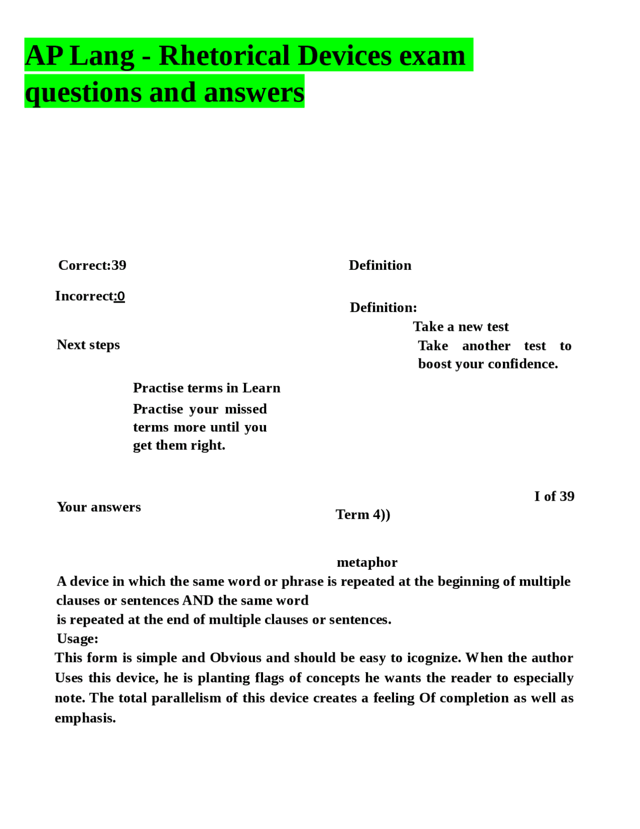 AP Lang - Rhetorical Devices exam questions and answers.docx | Exams ...