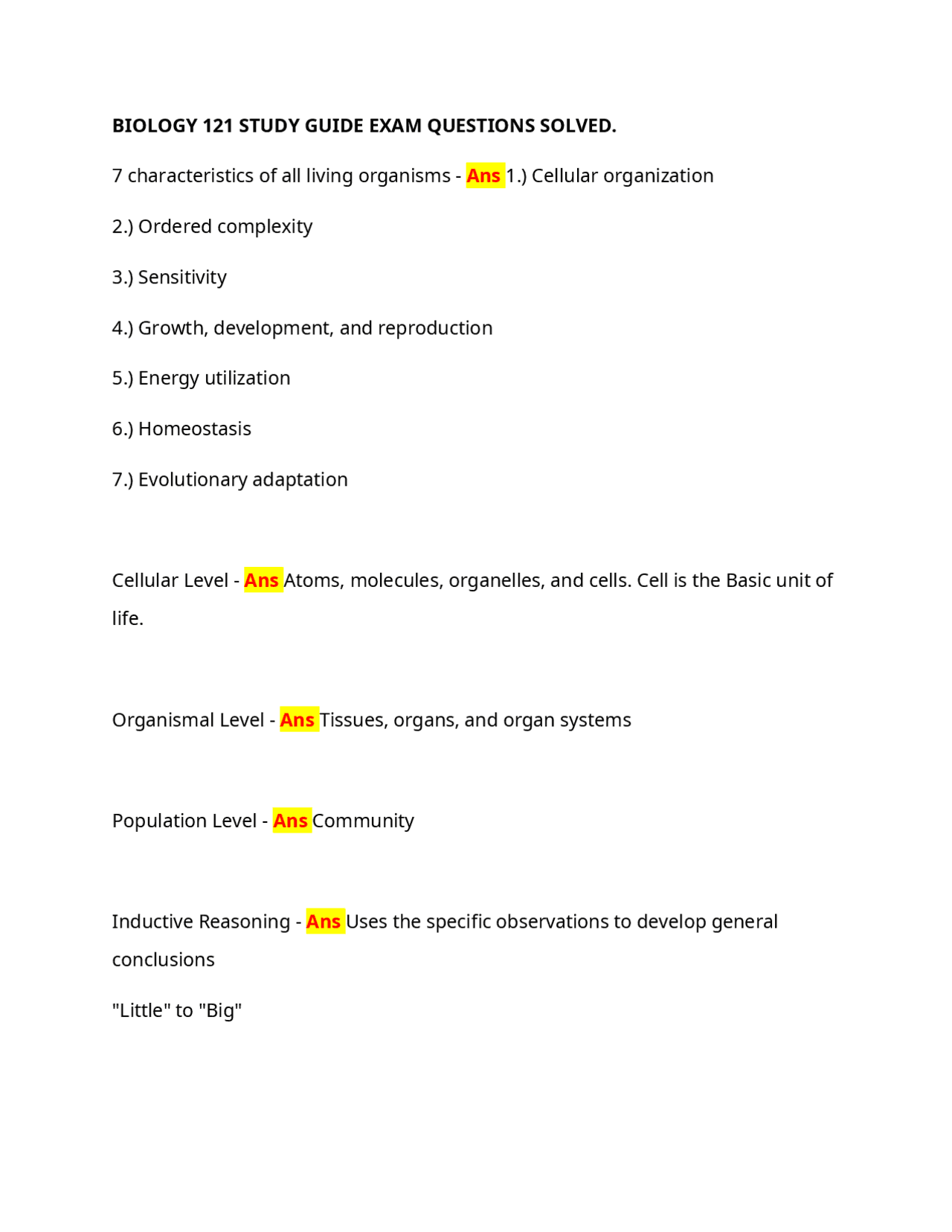 BIOLOGY 121 STUDY GUIDE EXAM QUESTIONS SOLVED 7 characteristics of all ...