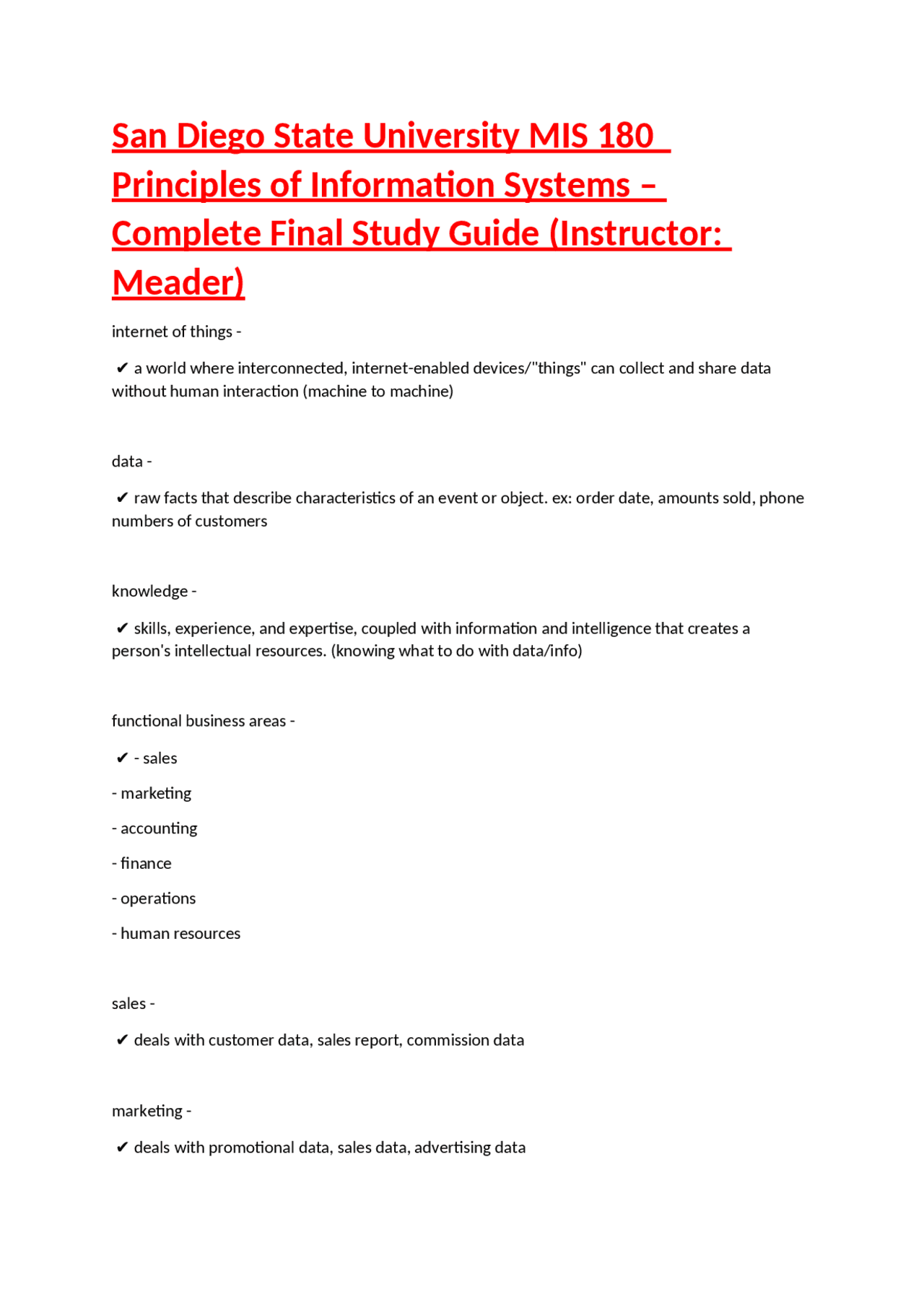 San Diego State University MIS 180 Principles of Information Systems ...