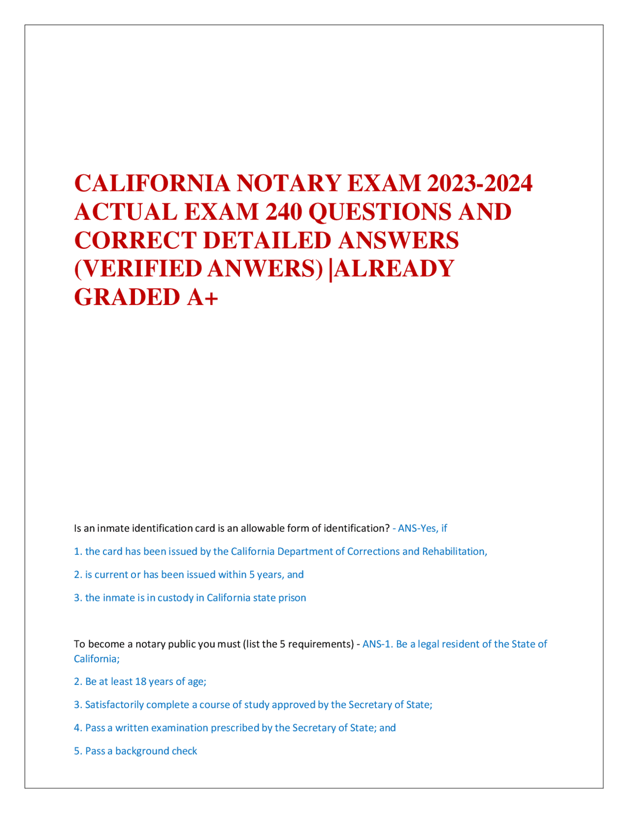 CALIFORNIA NOTARY EXAM 2023-2024 ACTUAL EXAM 240 QUESTIONS AND CORRECT ...