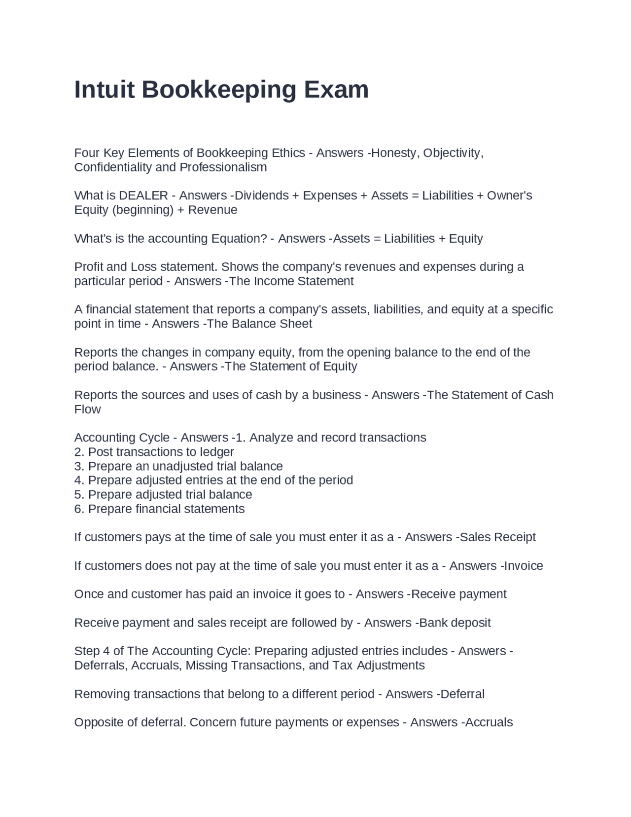 Intuit Bookkeeping Exam Questions and Correct Answers | Exams ...