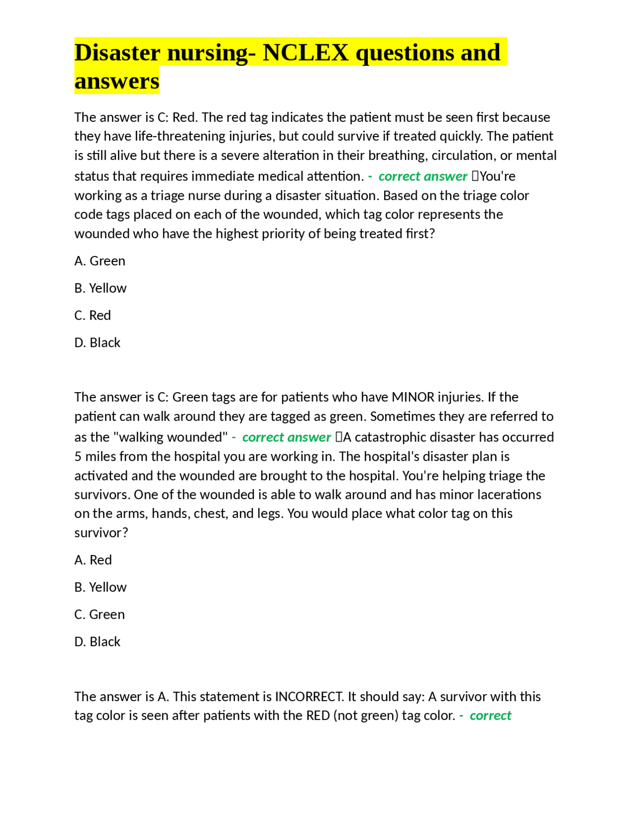 Disaster nursing- NCLEX questions and answers | Exams Nursing | Docsity