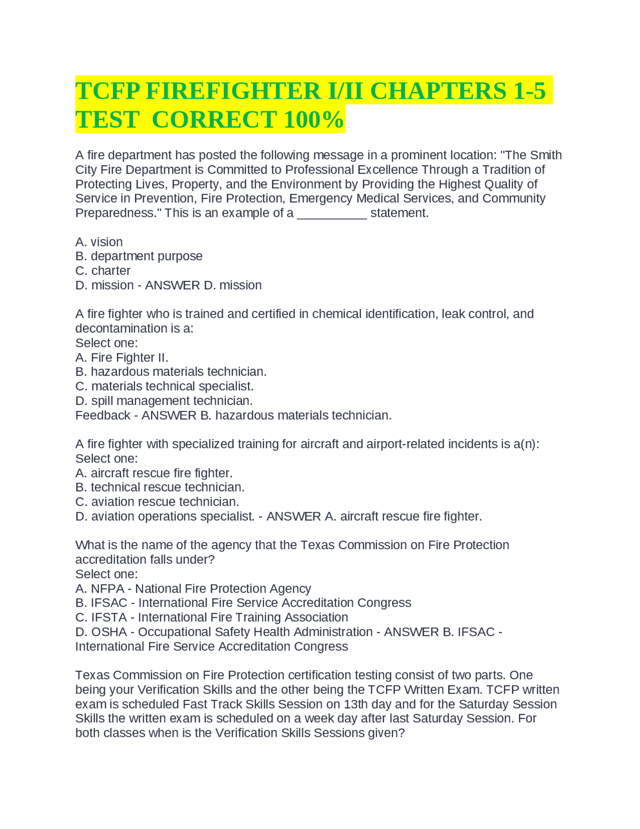 TCFP FIREFIGHTER I/II CHAPTERS 1-5 TEST CORRECT 100% | Exams Safety and ...
