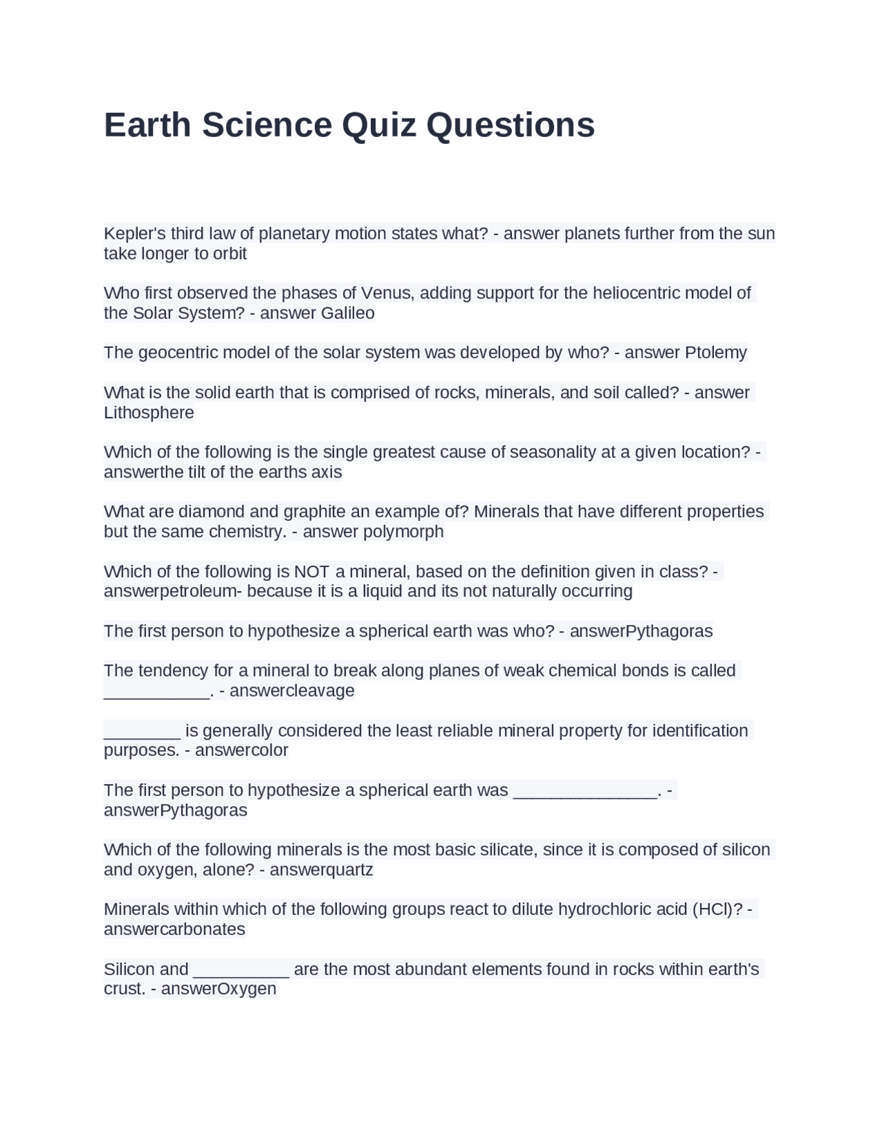 Earth Science Quiz Questions and Answer 100% Correct | Exams Advanced ...