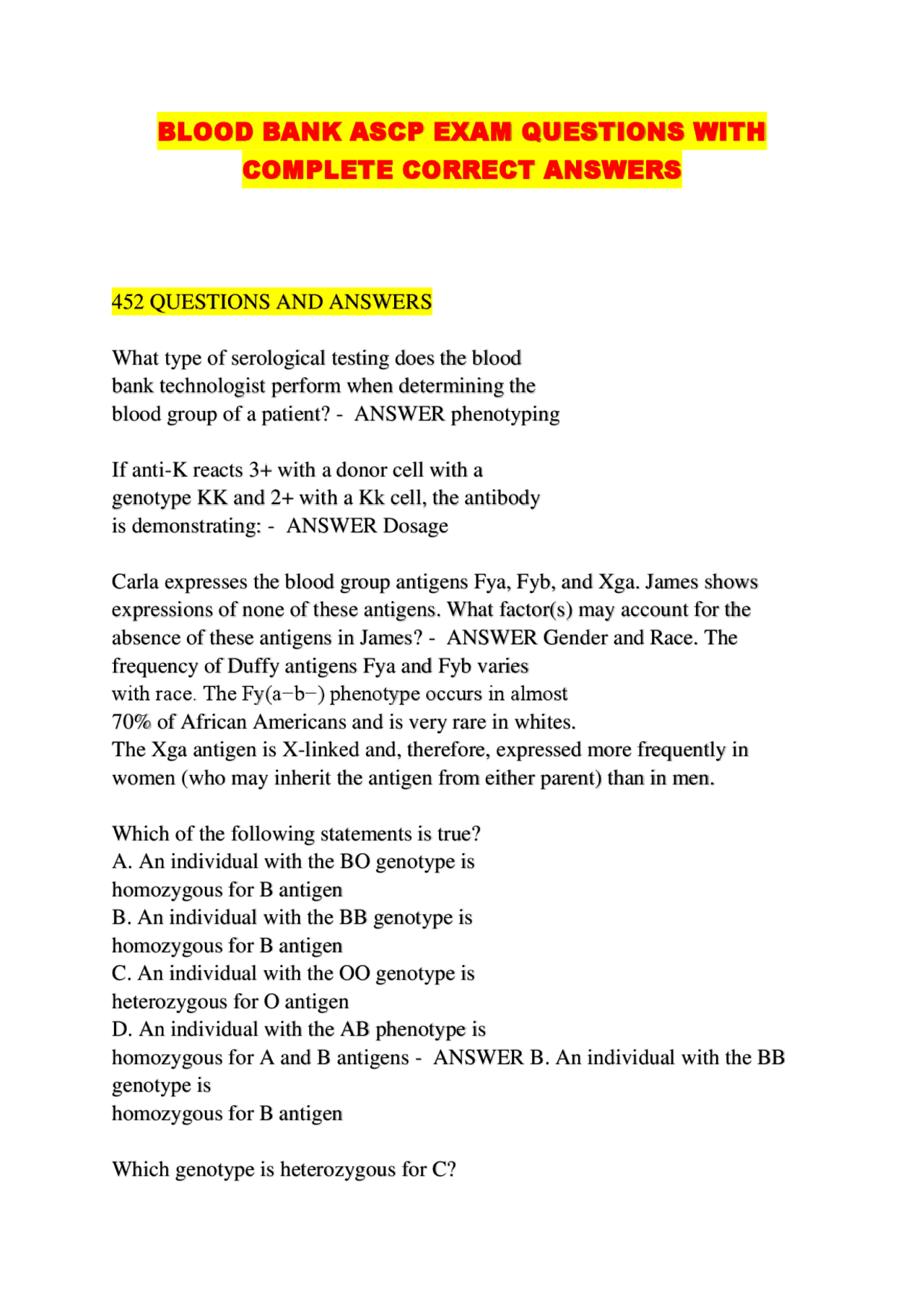 BLOOD BANK ASCP EXAM QUESTIONS WITH COMPLETE CORRECT ANSWERS | Exams ...