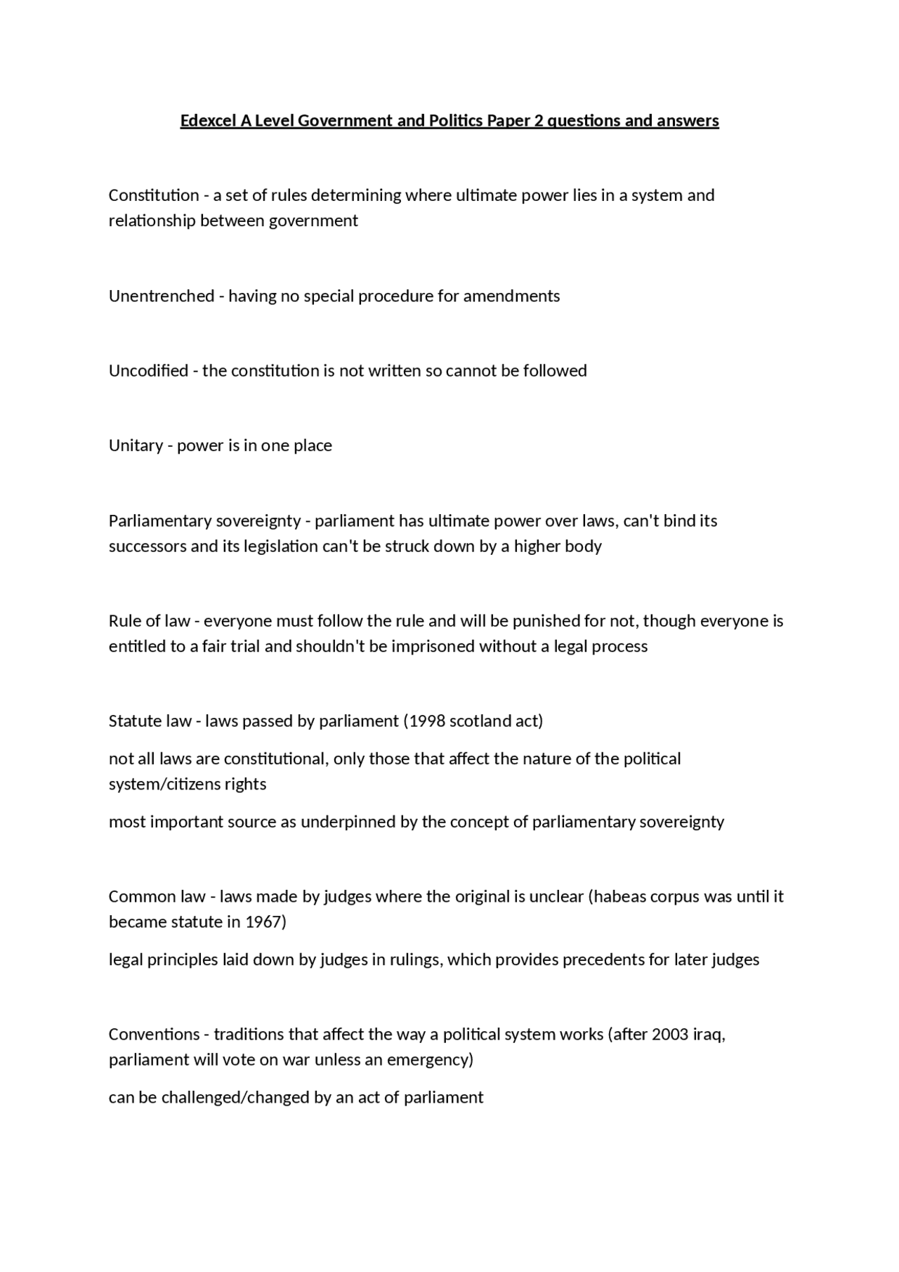 Edexcel A Level Government and Politics Paper 2 questions and answers ...