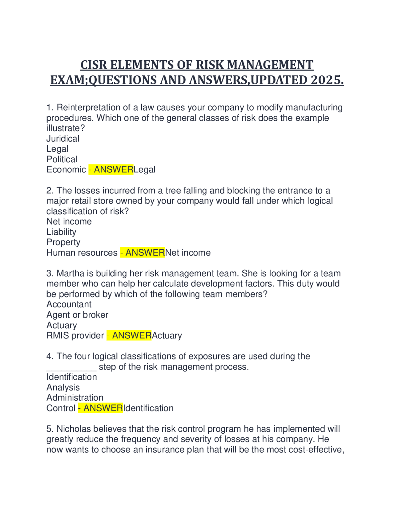 Risk Management Exam Questions and Answers (Updated 2025) | Exams ...