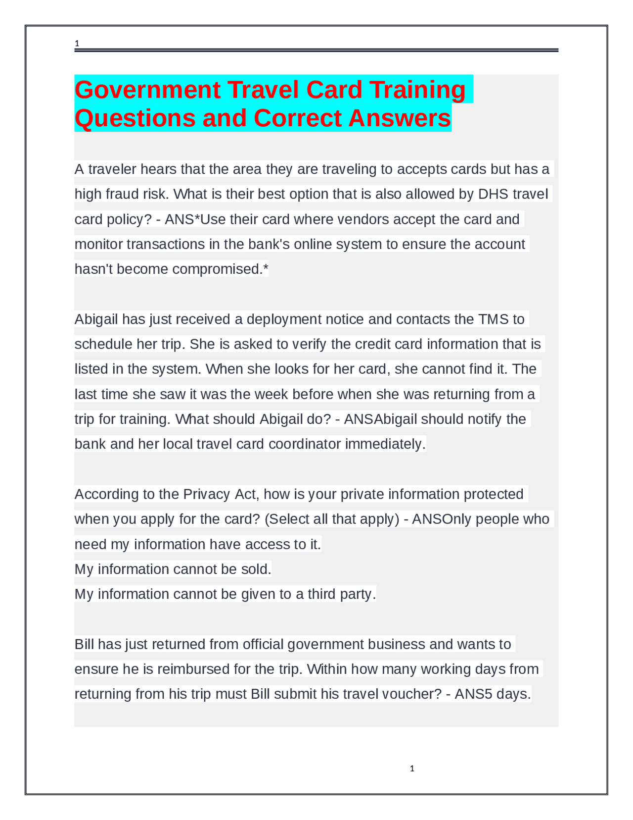 Government Travel Card Training Questions and Correct Answers | Exams ...